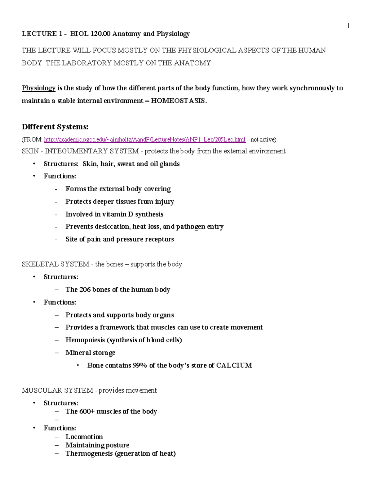 1f21 - lecture 1 notes - 1 LECTURE 1 - BIOL 120 Anatomy and Physiology ...