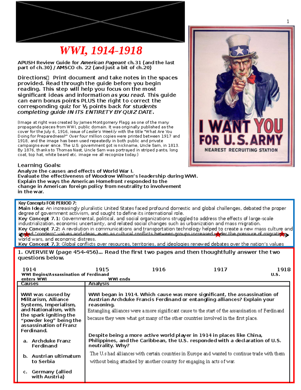 Week 7 Amsco Reading - 1 WWI, 1914- APUSH Review Guide for American ...