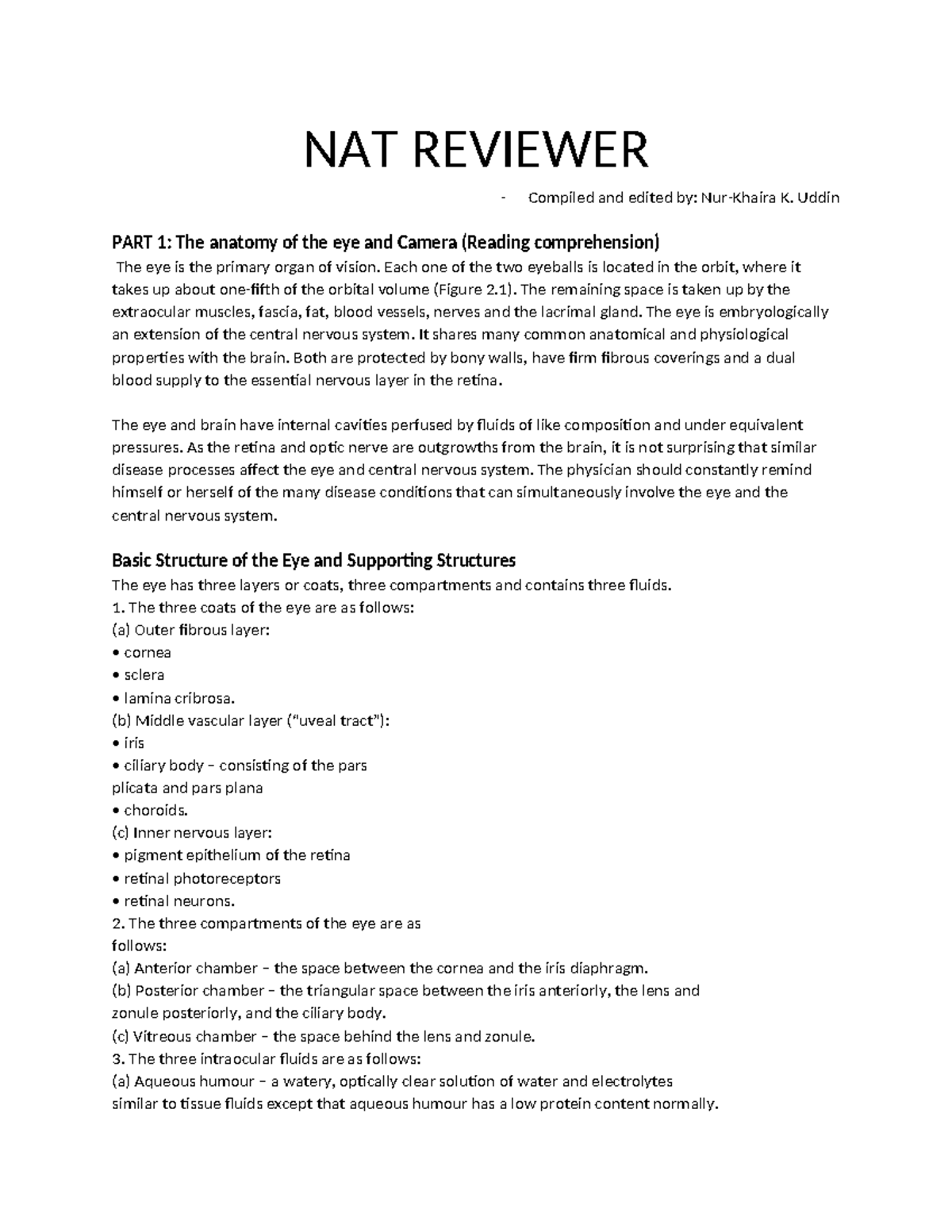 NAT- Reviewer - Summary Nursing - NAT REVIEWER - Compiled and edited by ...