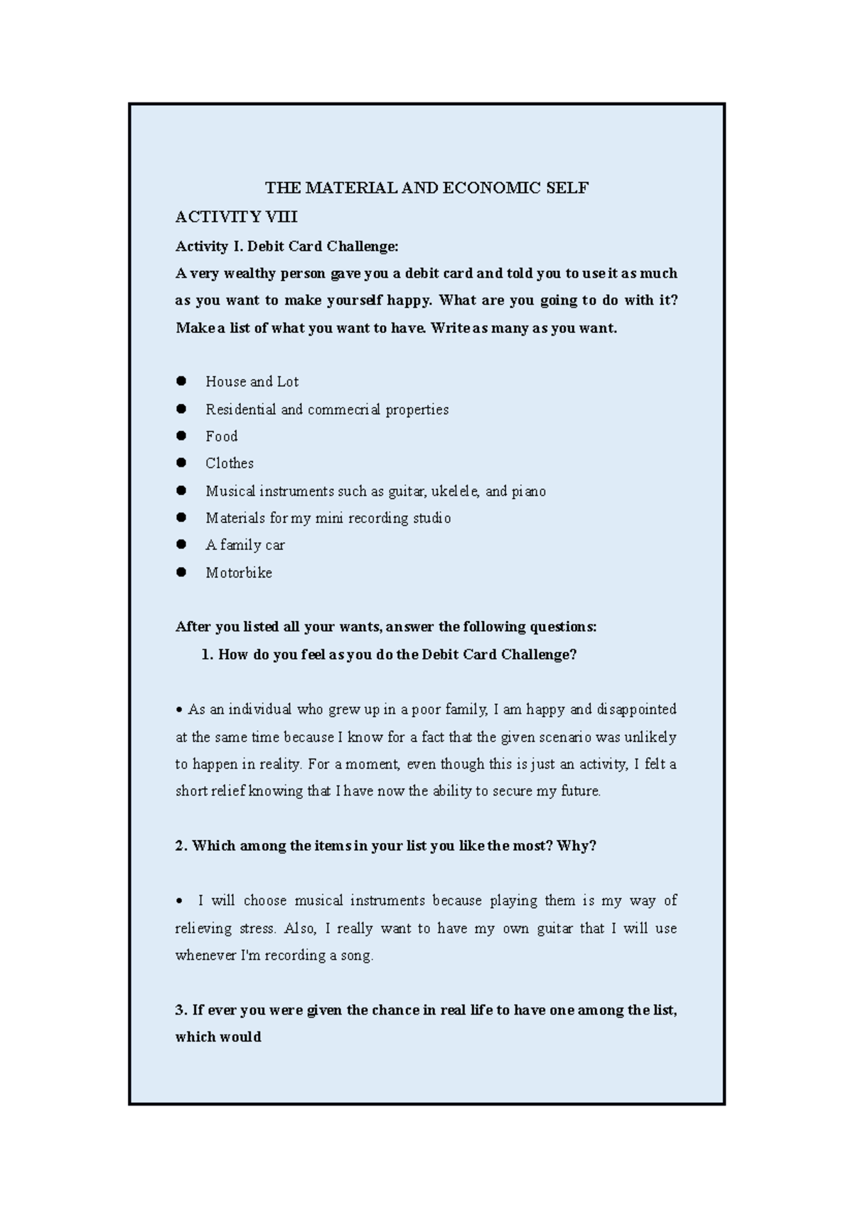 Act 8 in uts - uts activity - THE MATERIAL AND ECONOMIC SELF ACTIVITY VIII Activity I. Debit ...