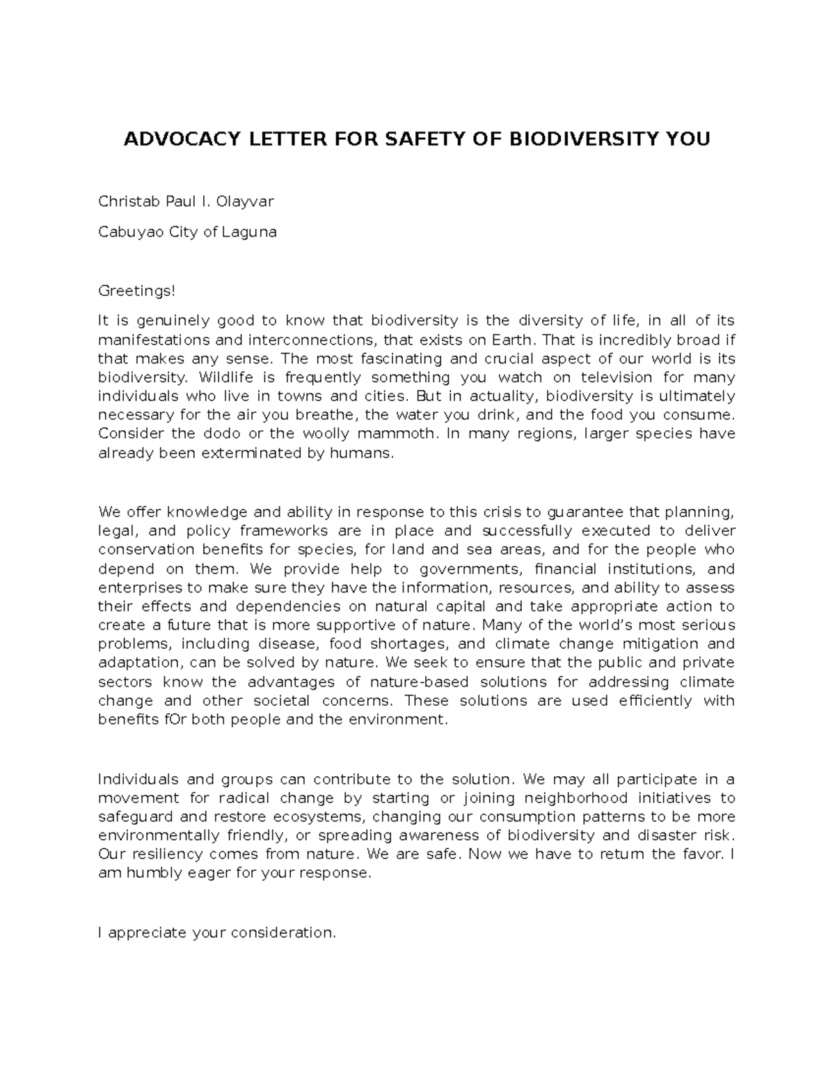 Olayvar Advocacy Letter - ADVOCACY LETTER FOR SAFETY OF BIODIVERSITY ...