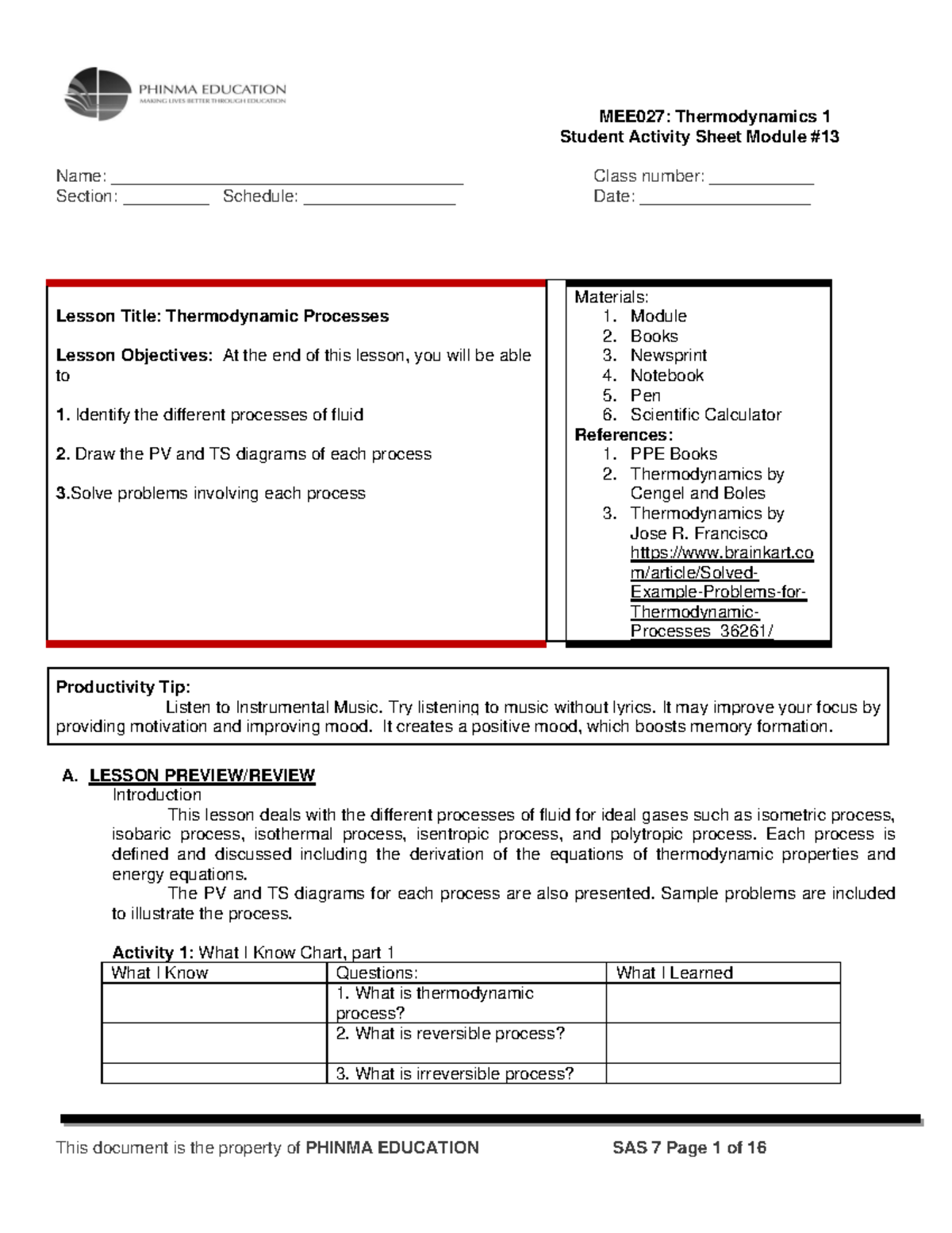 THERMODYNAMICS 1 - Student Activity Sheet Module # 13 Name