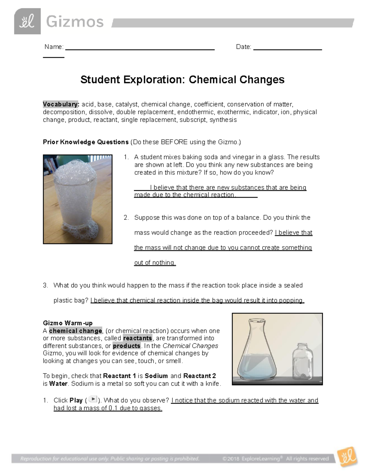 Copy of Gizmo - Chemical Changes SE - Name: Date: Student Exploration ...