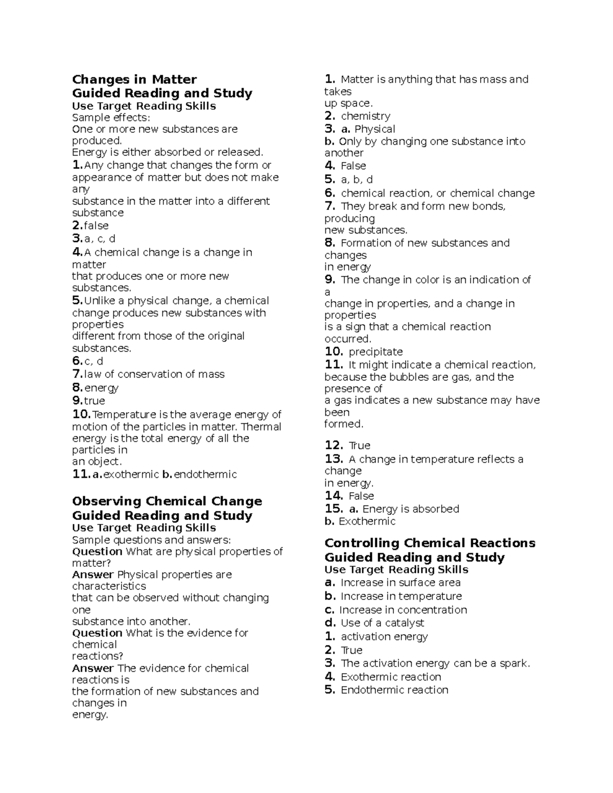 Worksheet key - Changes in Matter Guided Reading and Study Use Target ...