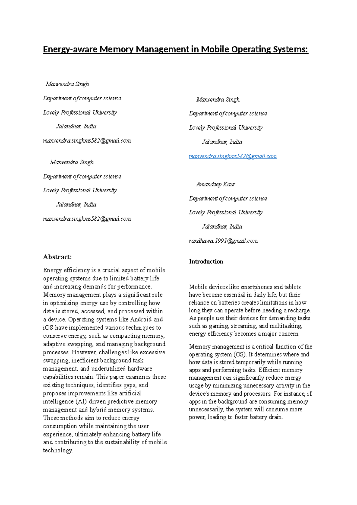 Cse 316 research paper - Energy-aware Memory Management in Mobile Operating Systems: Manvendra ...