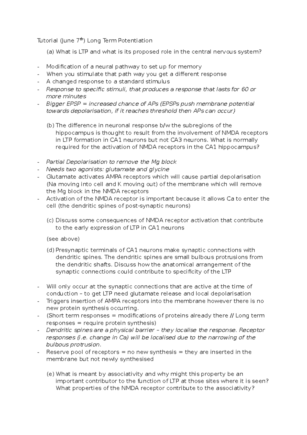 Tutorial Long Term Potentiation - Tutorial (June 7th) Long Term ...