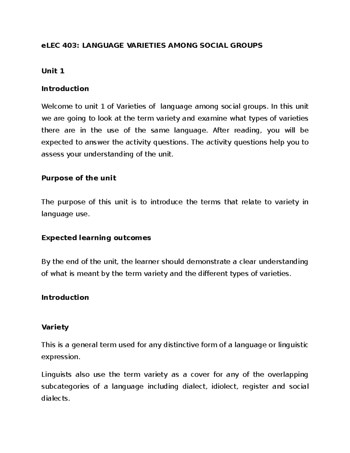 LEC 403, Introduction - notes - eLEC 403: LANGUAGE VARIETIES AMONG ...