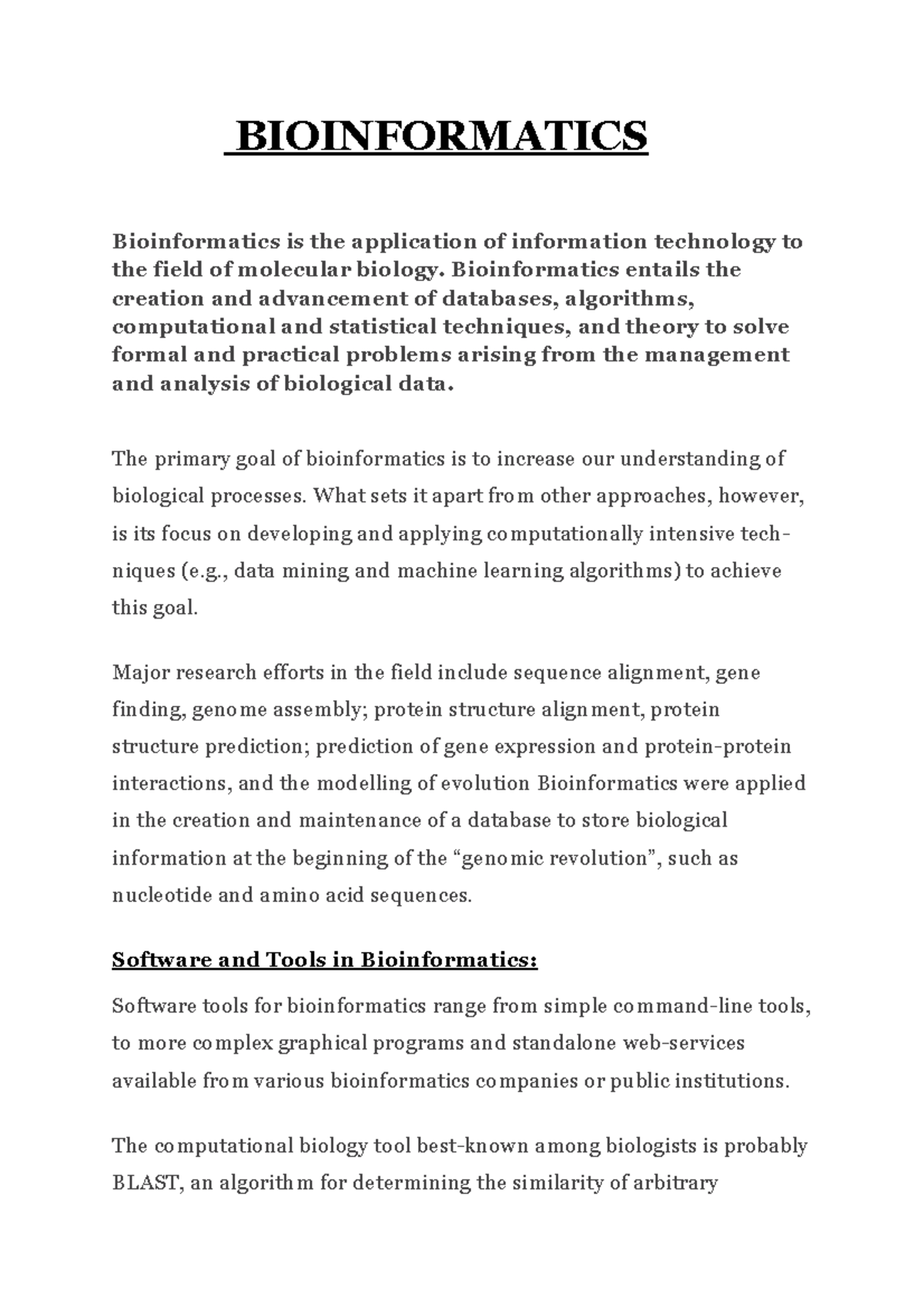 Bioinformatics - about bioinfomatics - BIOINFORMATICS Bioinformatics is the application of - Studocu