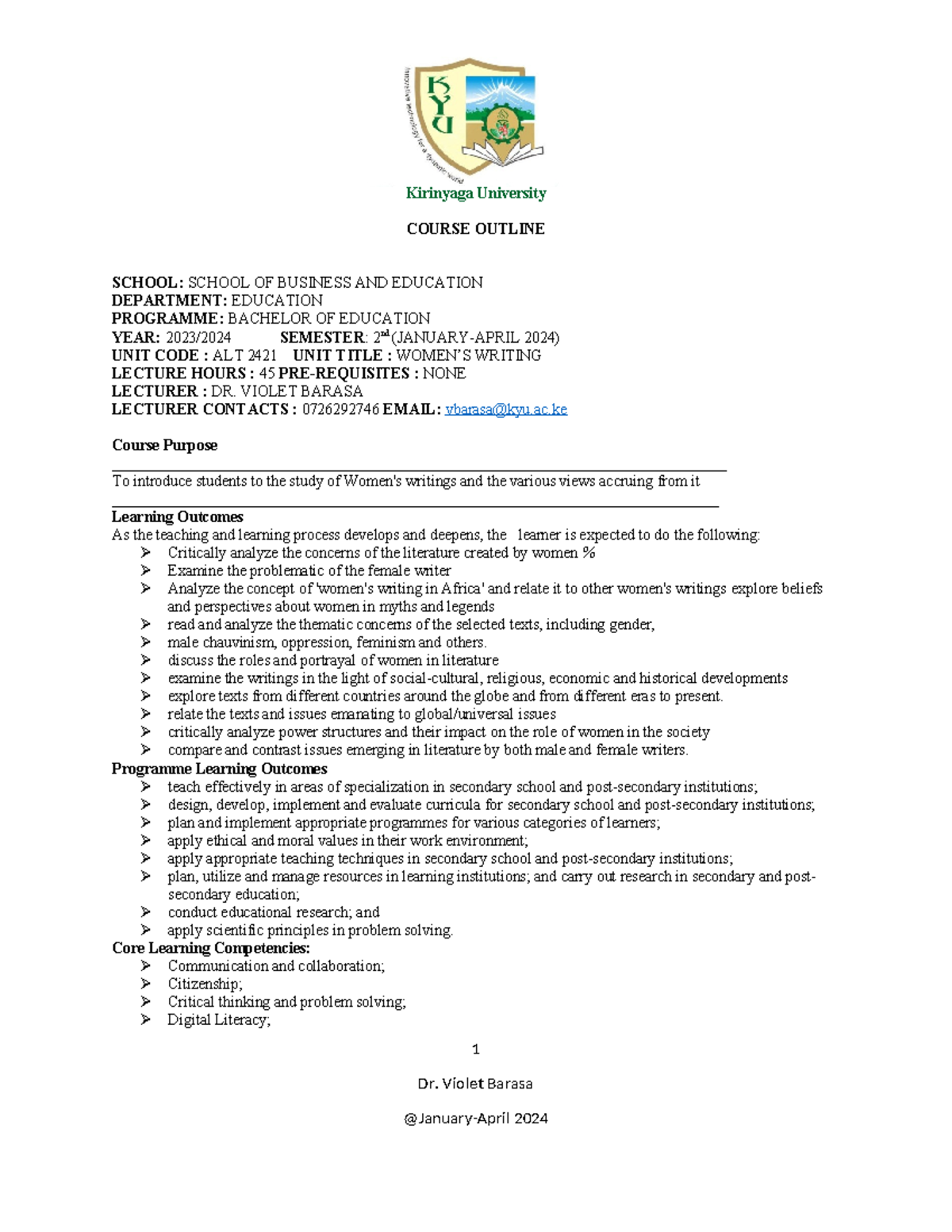 ALT 2421 Women Writings KYU January 2024 Course Outline - Kirinyaga ...