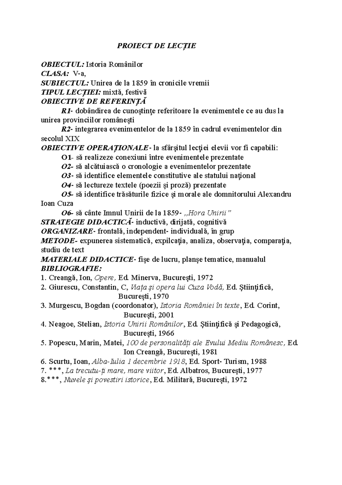 Proiect DE LECŢI E, 24. 01 - PROIECT DE LECŢIE OBIECTUL: Istoria ...