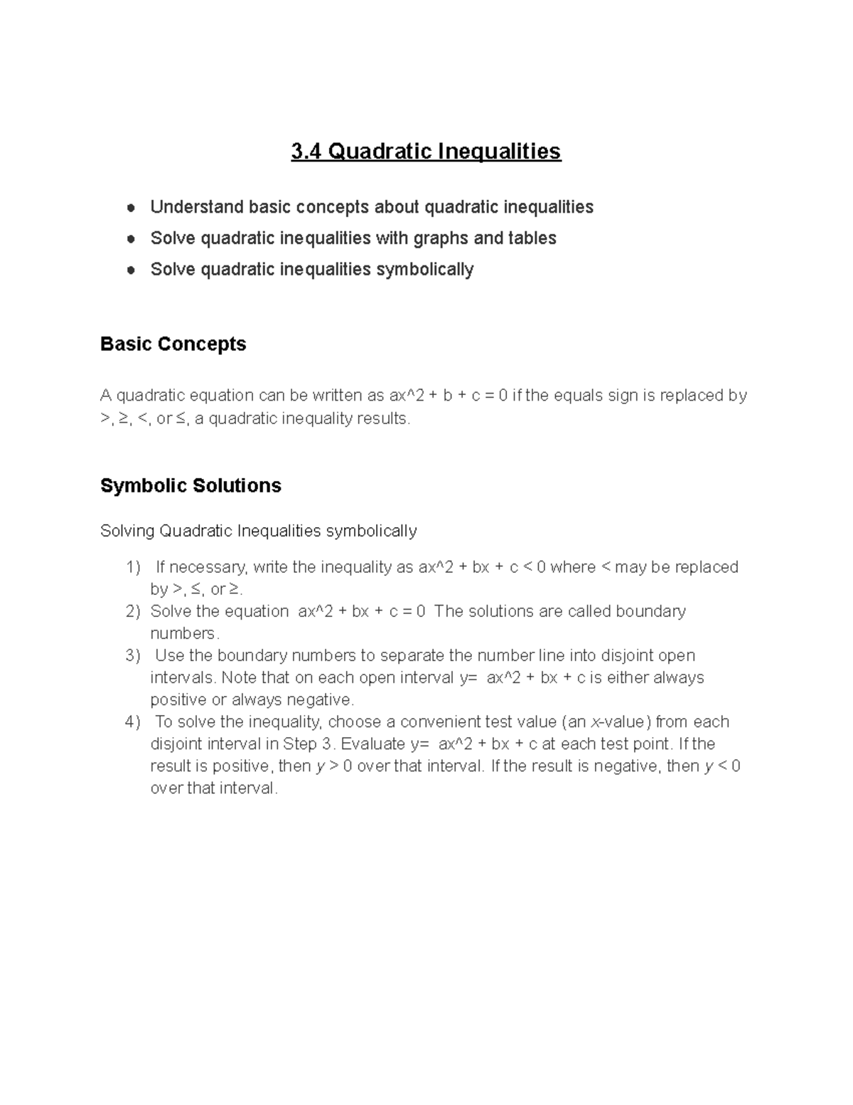 3.4 Quadratic Inequalities - 3 Quadratic Inequalities Understand basic concepts about quadratic ...