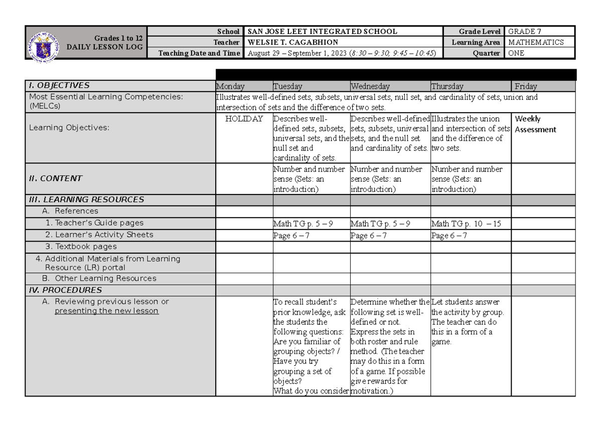 Week 1 Math 7 - Daily Lesson Log - Grades 1 to 12 DAILY LESSON LOG ...