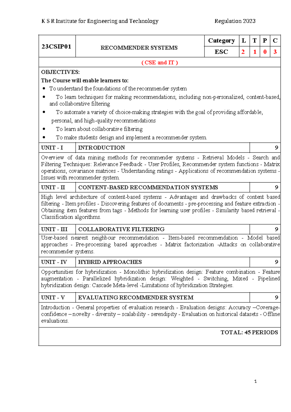 Proposed syllabus Recommender Systems - K S R Institute for Engineering ...