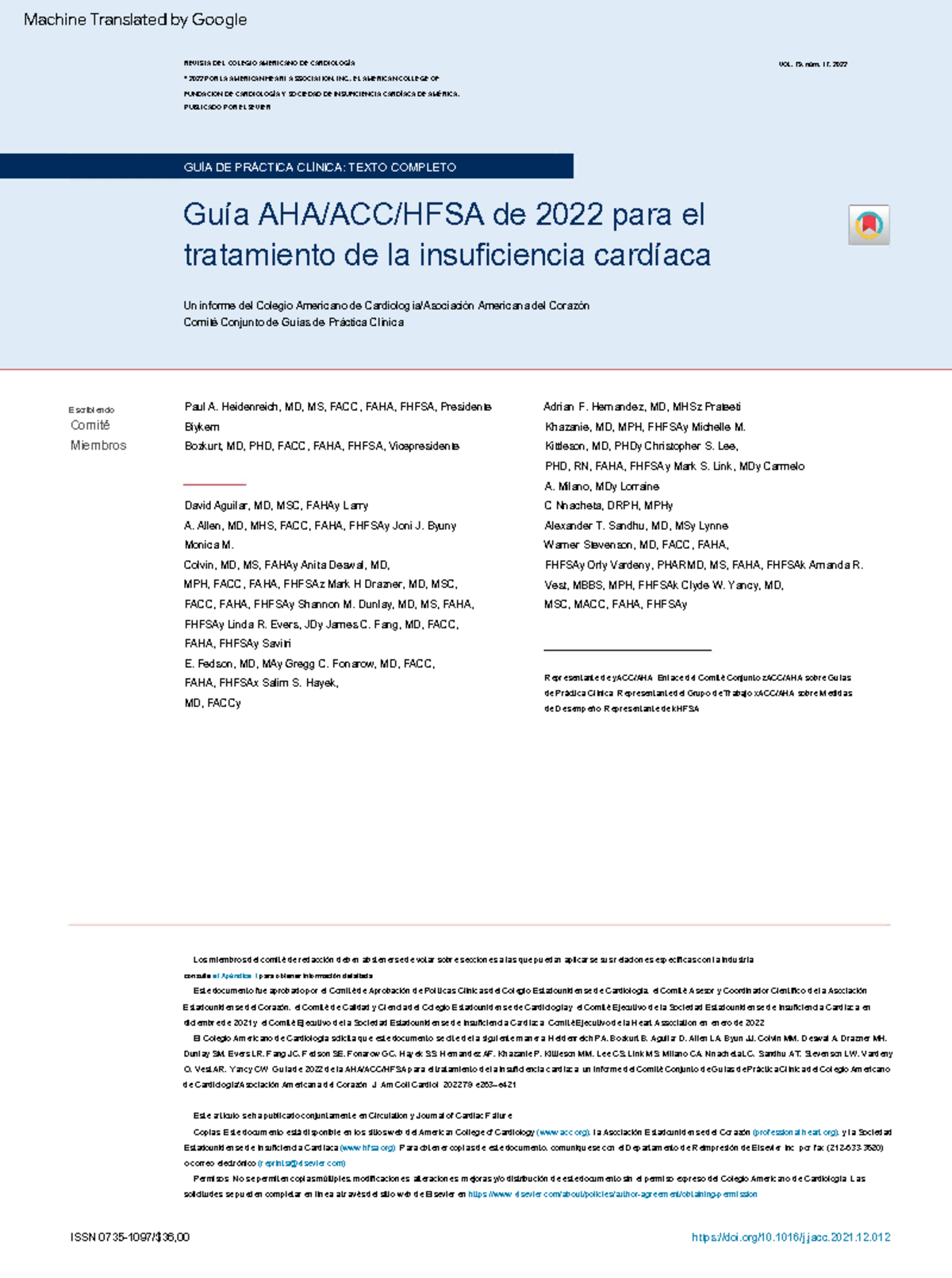 AHA 2022 - Guía de manejo AHA2022 - ISSN 0735-1097/$36, GUÍA DE PRÁCTICA CLÍNICA: TEXTO COMPLETO ...