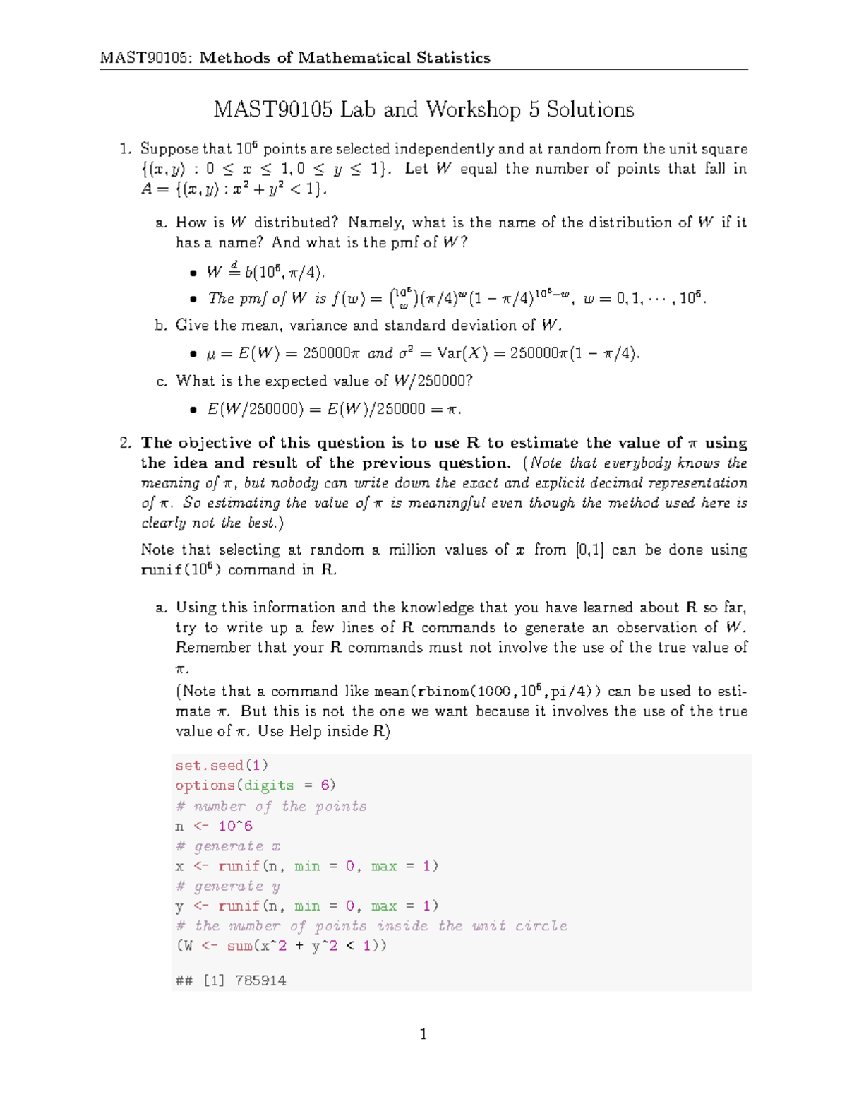 Lab Workshop Week 5Solutions - MAST90105 Lab and Workshop 5 Solutions Suppose that 10 6 points ...