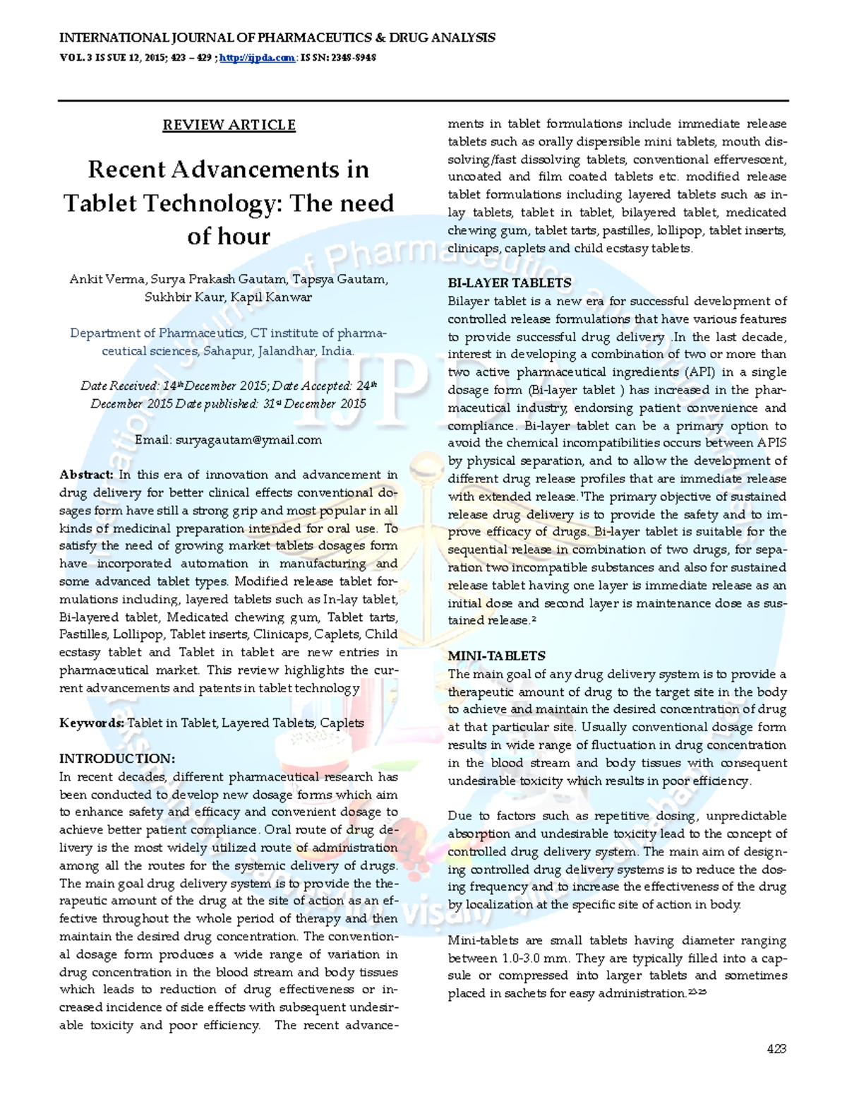 Recent advances in tablet manufacturing - INTERNATIONAL JOURNAL OF ...