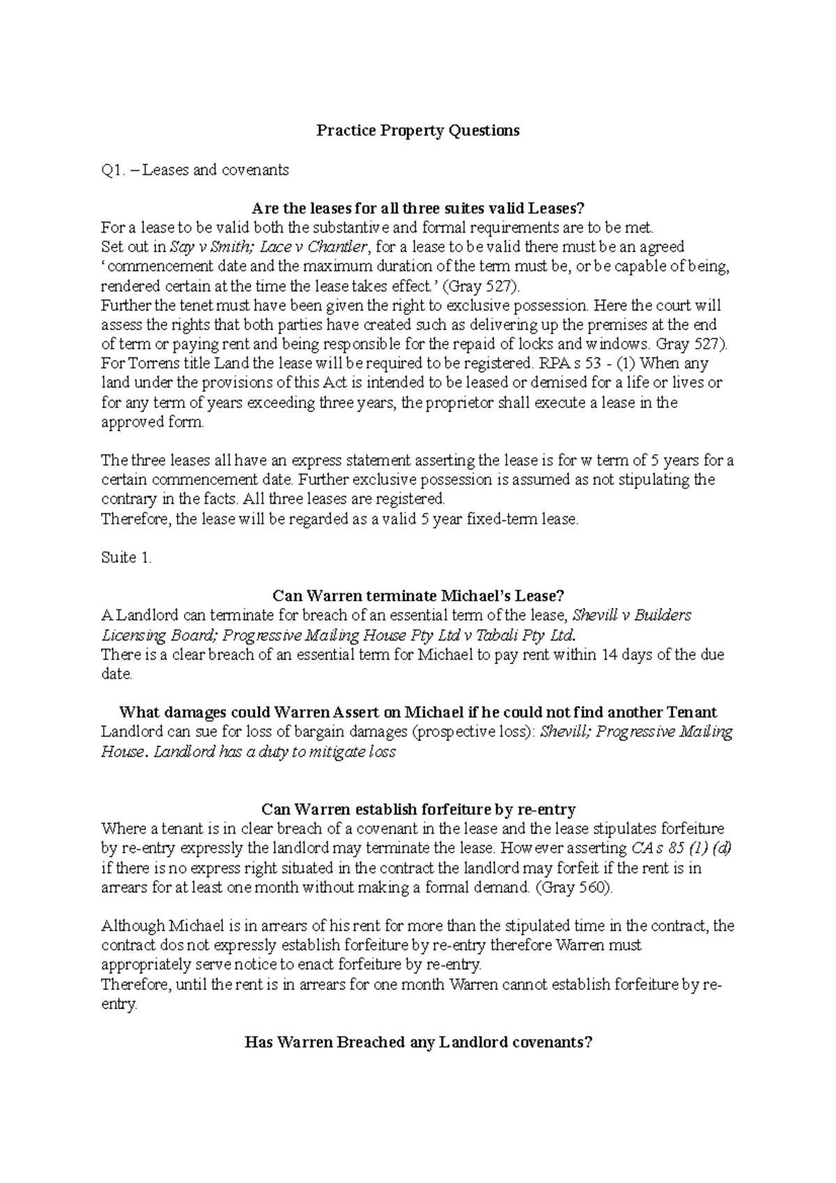 Practice Property Questions - – Leases and covenants Are the leases for ...