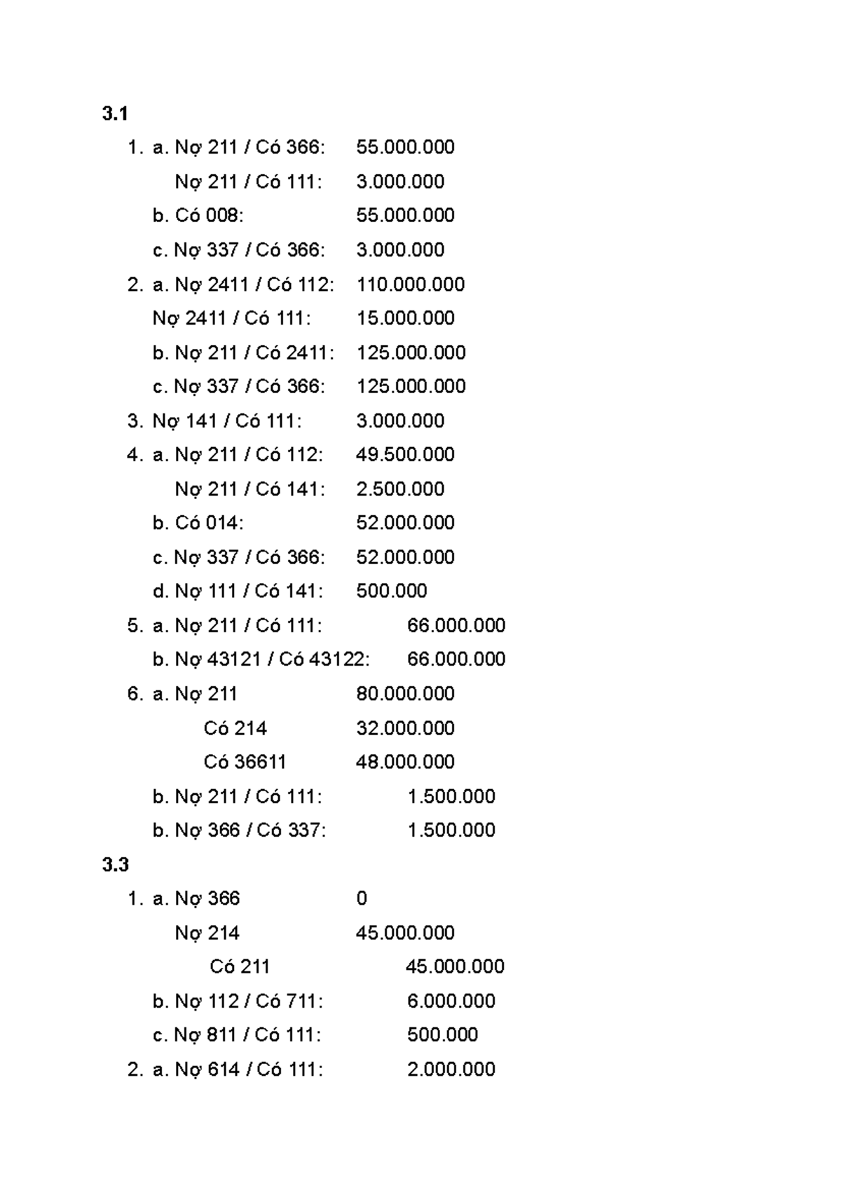 Kct - chương 3 - lời giải tham khảo - 1. a. Nợ 211 / Có 366: 55. Nợ 211 / Có 111: 3. b. Có 008: ...