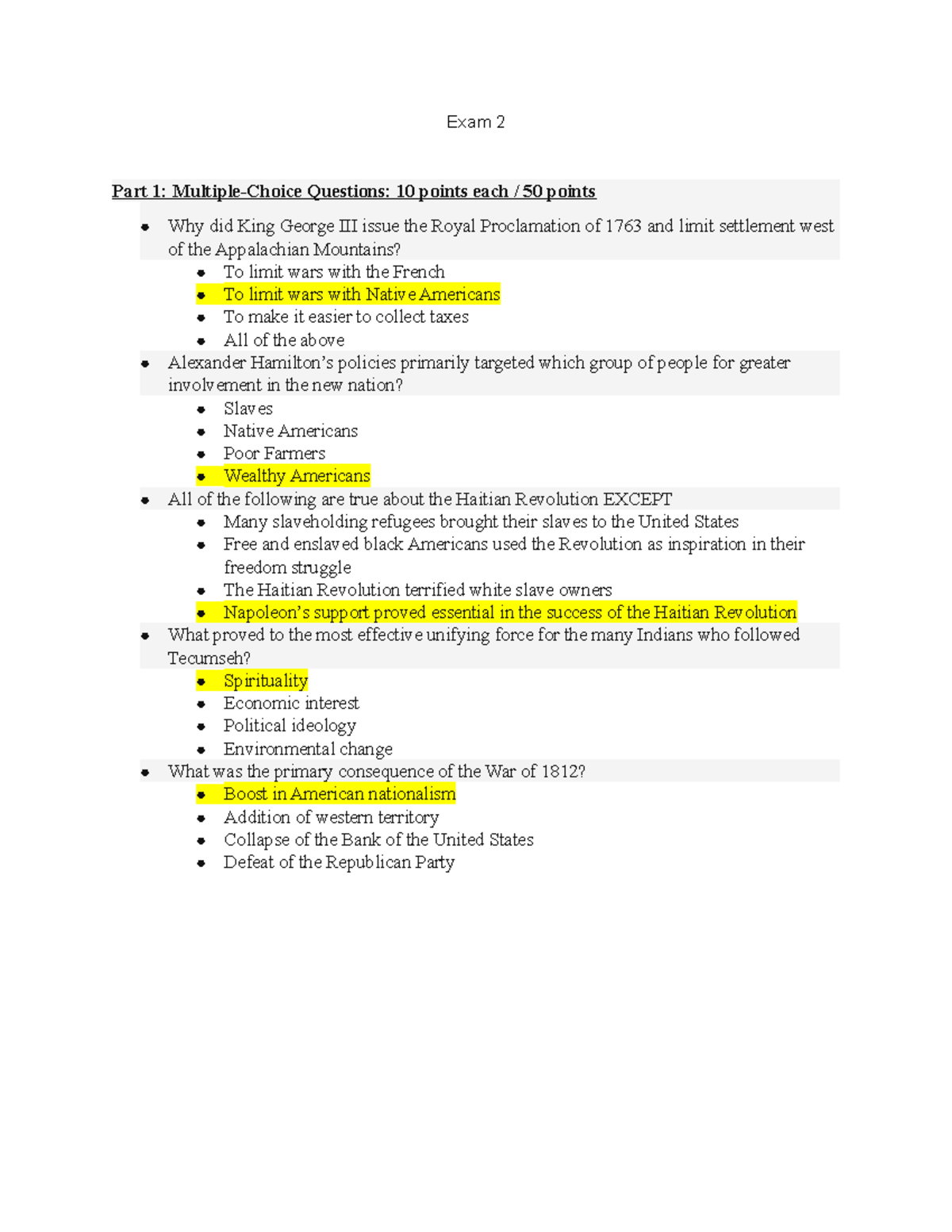 Exam 2 - Exam 2 - Exam 2 Part 1: Multiple-Choice Questions: 10 points ...