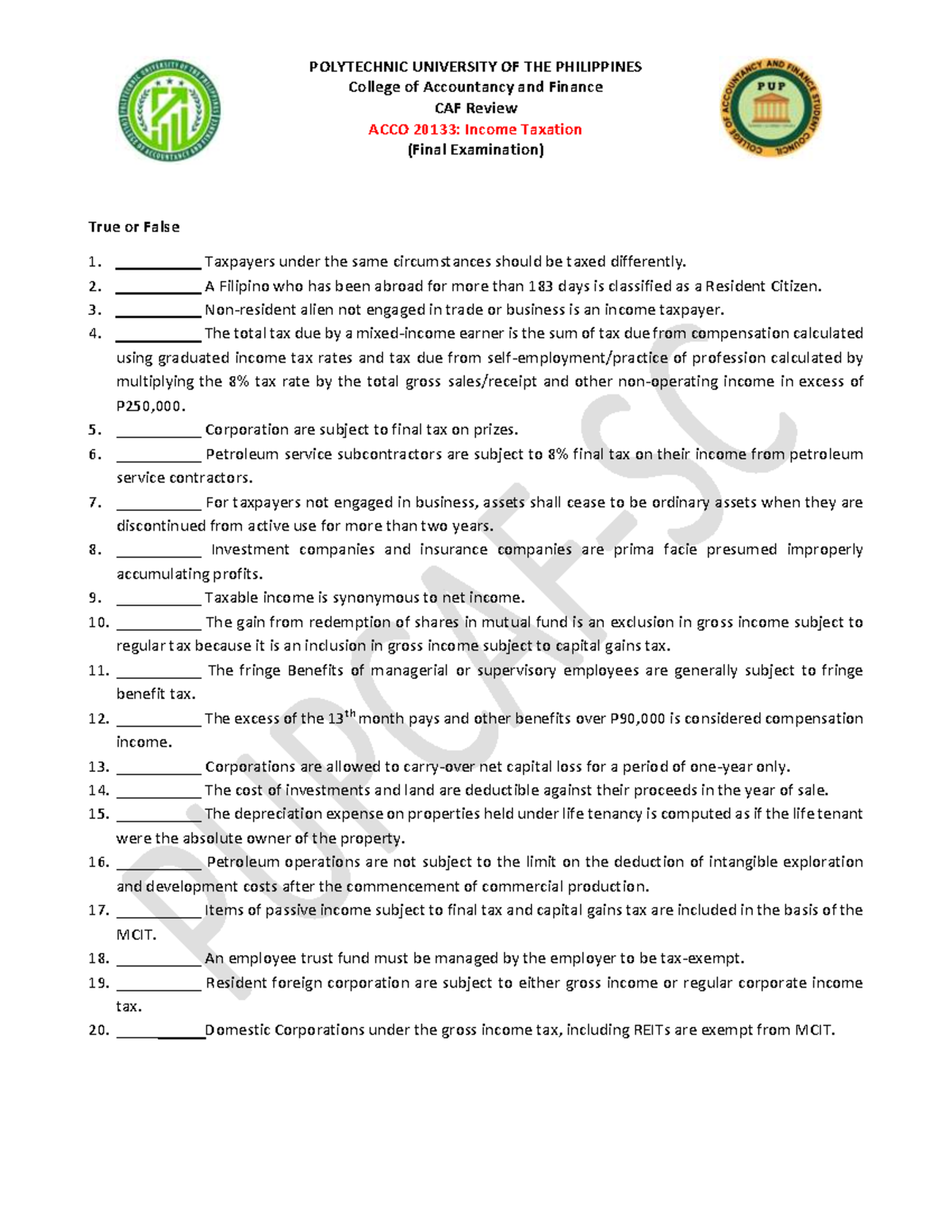 ACCO 2013 3 Income Taxation - College of Accountancy and Finance CAF ...