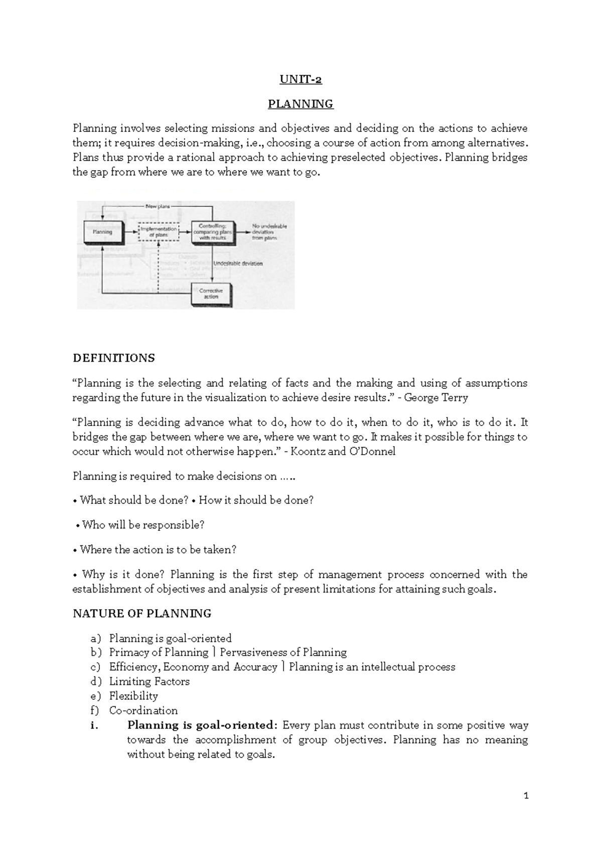 Planning notes- principles of management - UNIT- PLANNING Planning ...