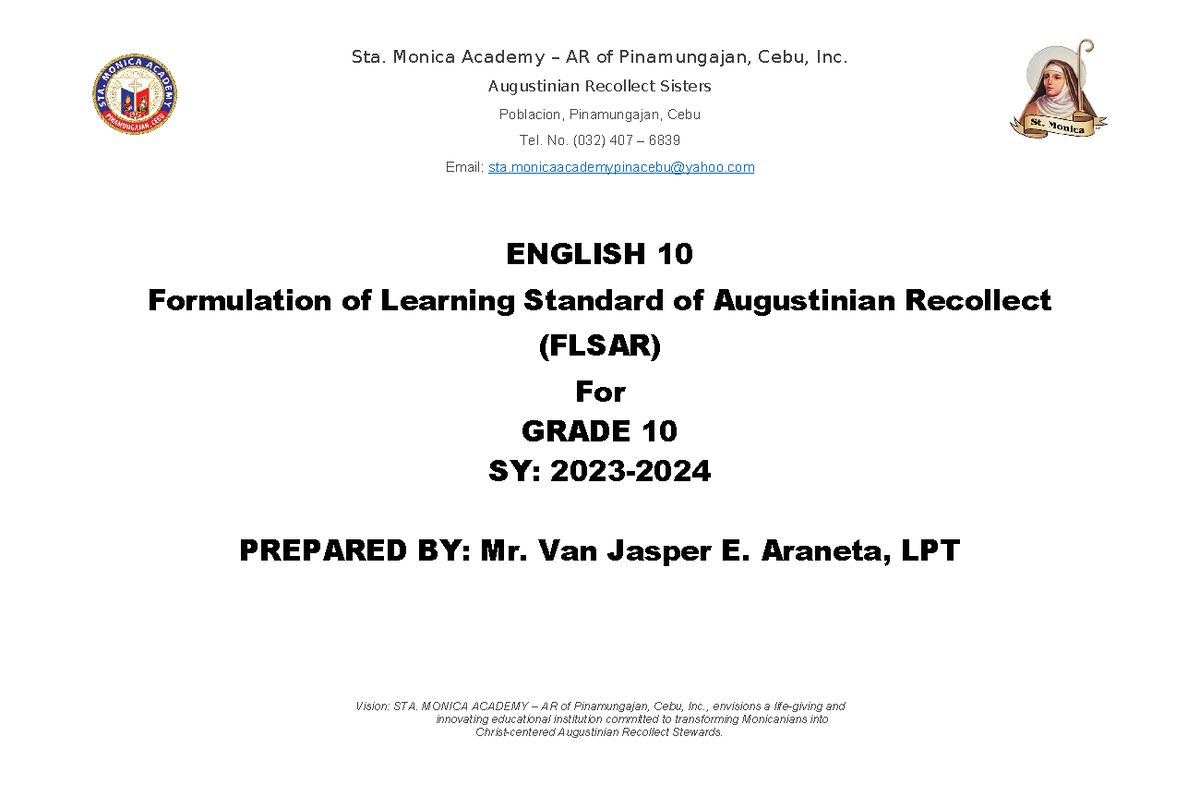 LSAR Grade 10 (2023-2024) - Augustinian Recollect Sisters Poblacion ...