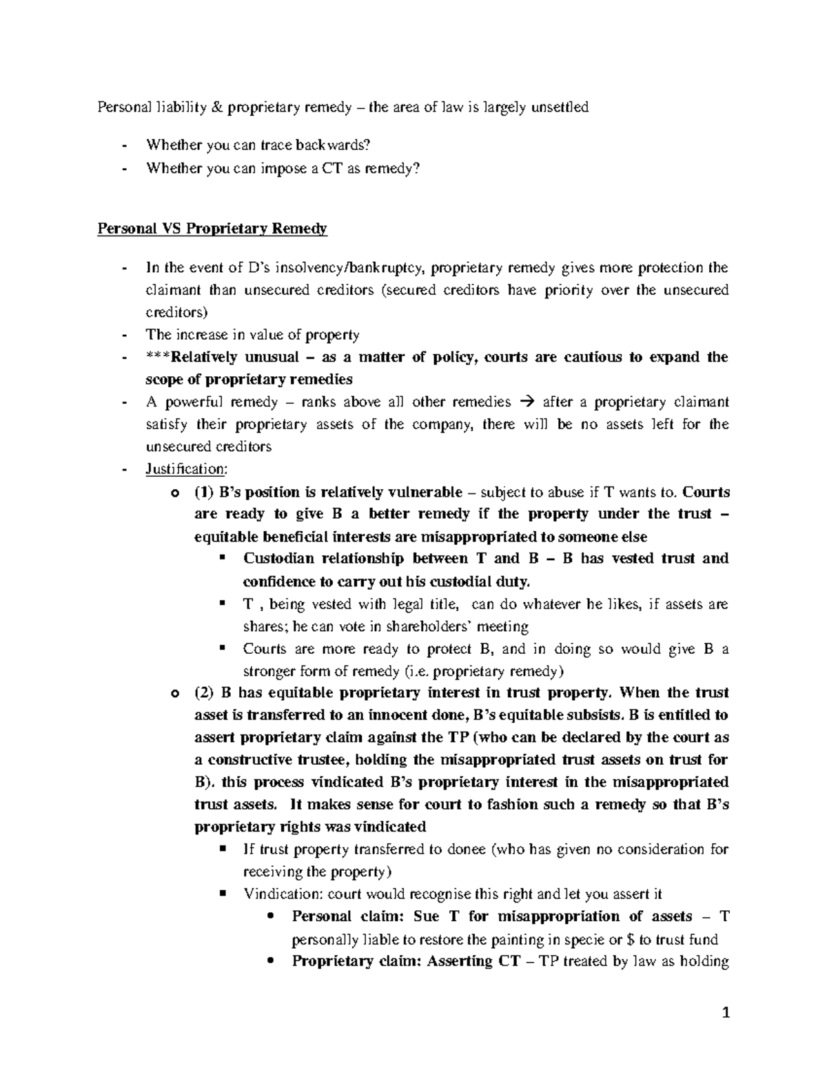 Equity Tutorial 6 - Personal VS Proprietary Remedy - Personal liability ...