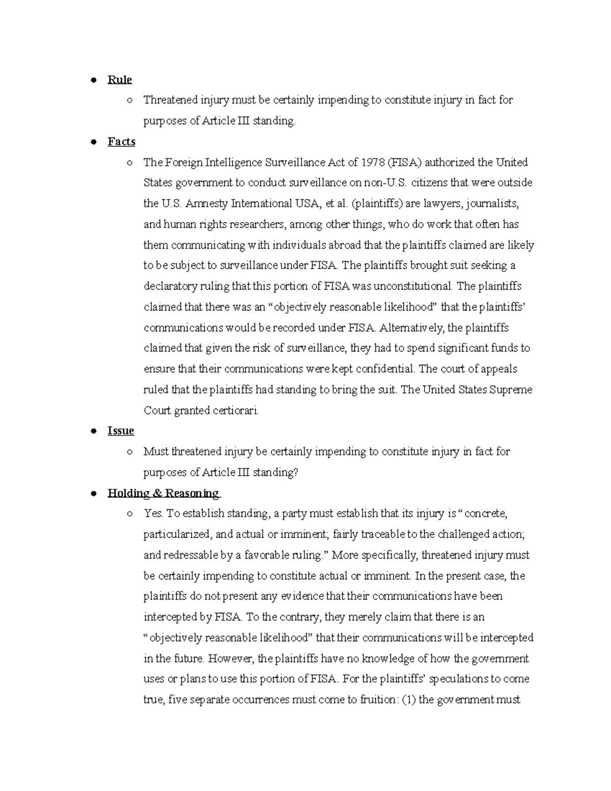 Admin Law- Clapper v. Amnesty International USA - Rule Threatened ...