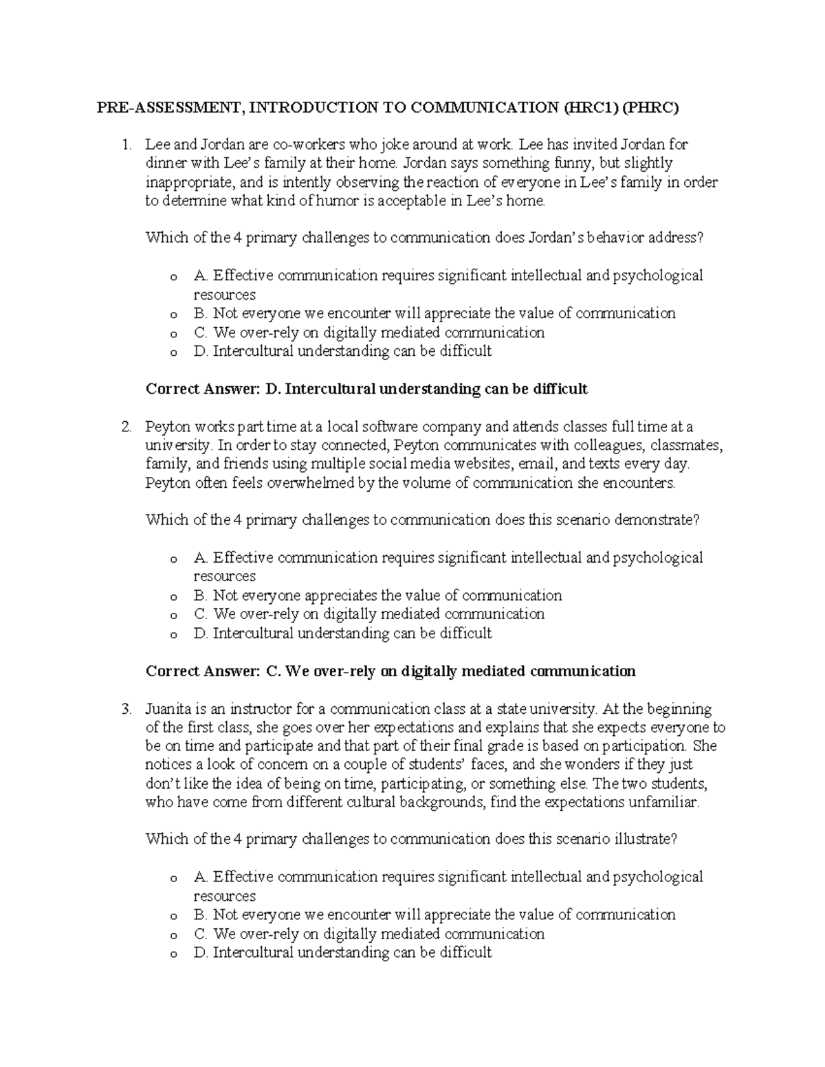 PRE-ASSESSMENT, INTRODUCTION TO COMMUNICATION (HRC1) (PHRC) - Lee and ...