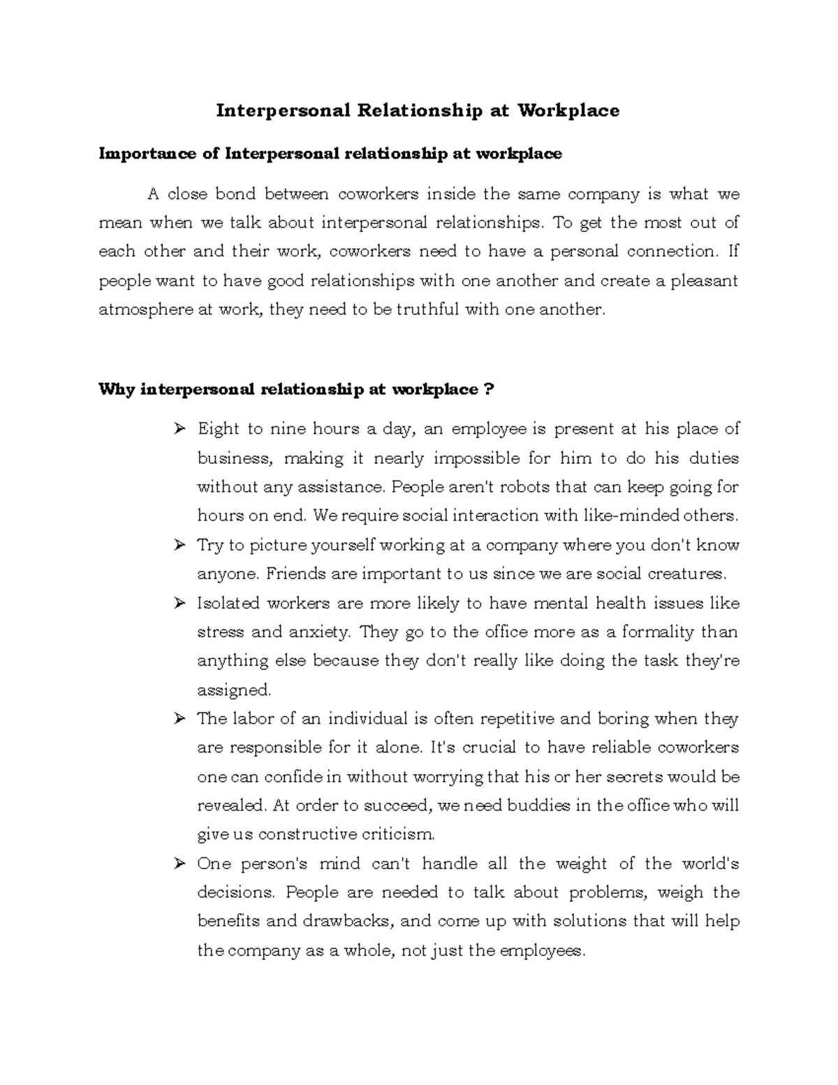 Interpersonal Relationship at Workplace - To get the most out of each ...