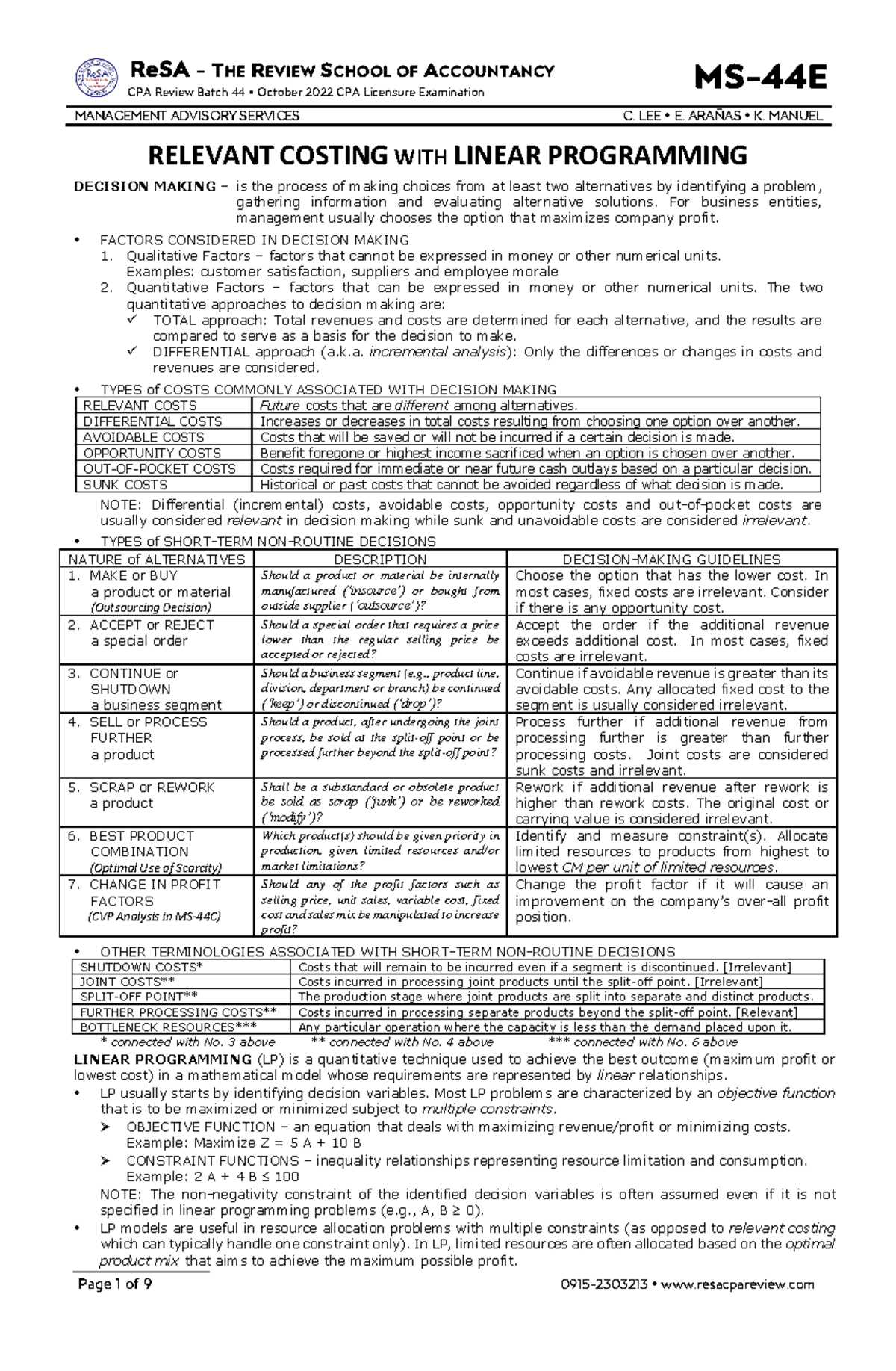 MS-44E (Relevant Costing with Linear Programming) - ReSA - THE REVIEW ...