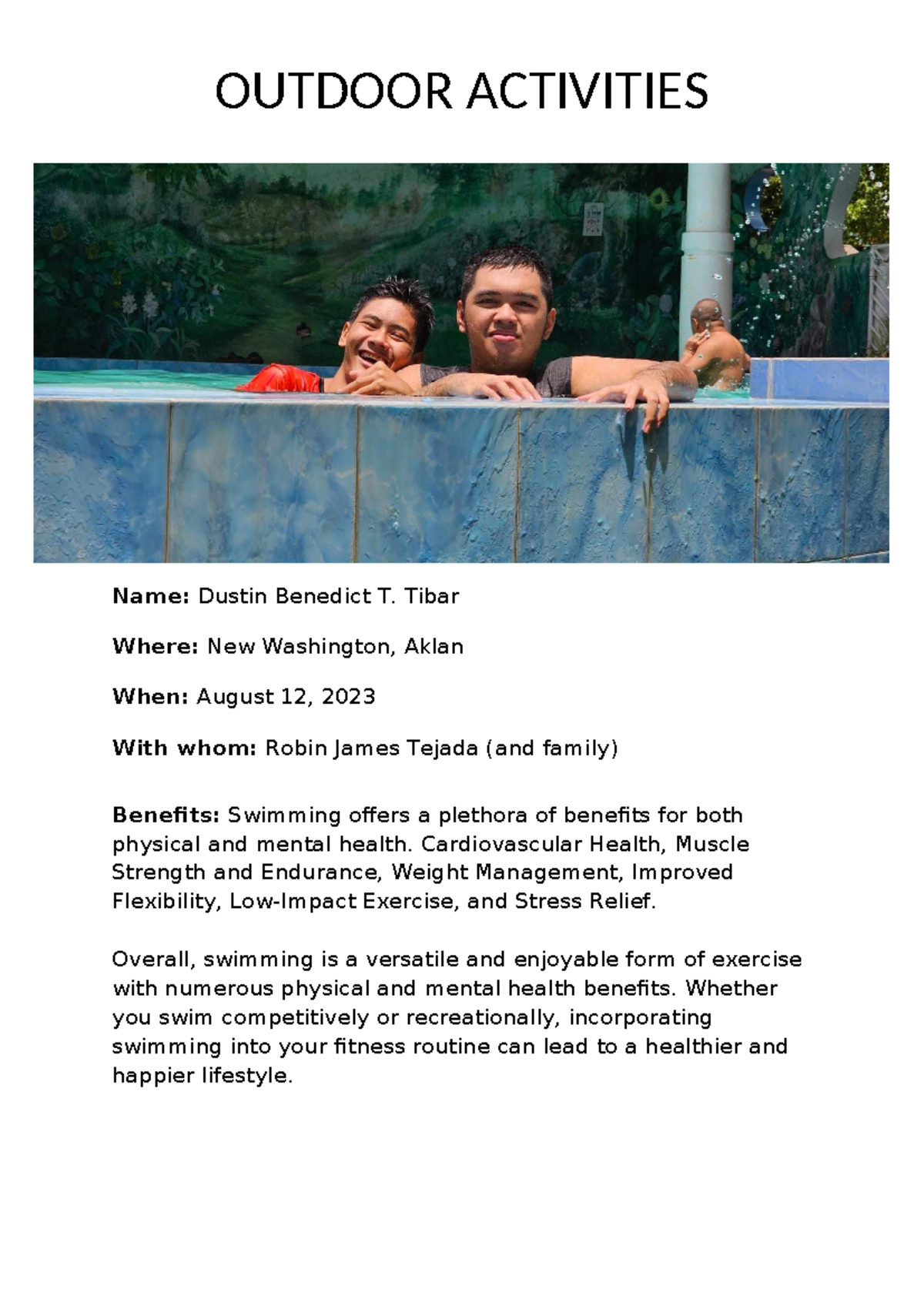 Outdoor Activities - assignment - OUTDOOR ACTIVITIES Name: Dustin ...