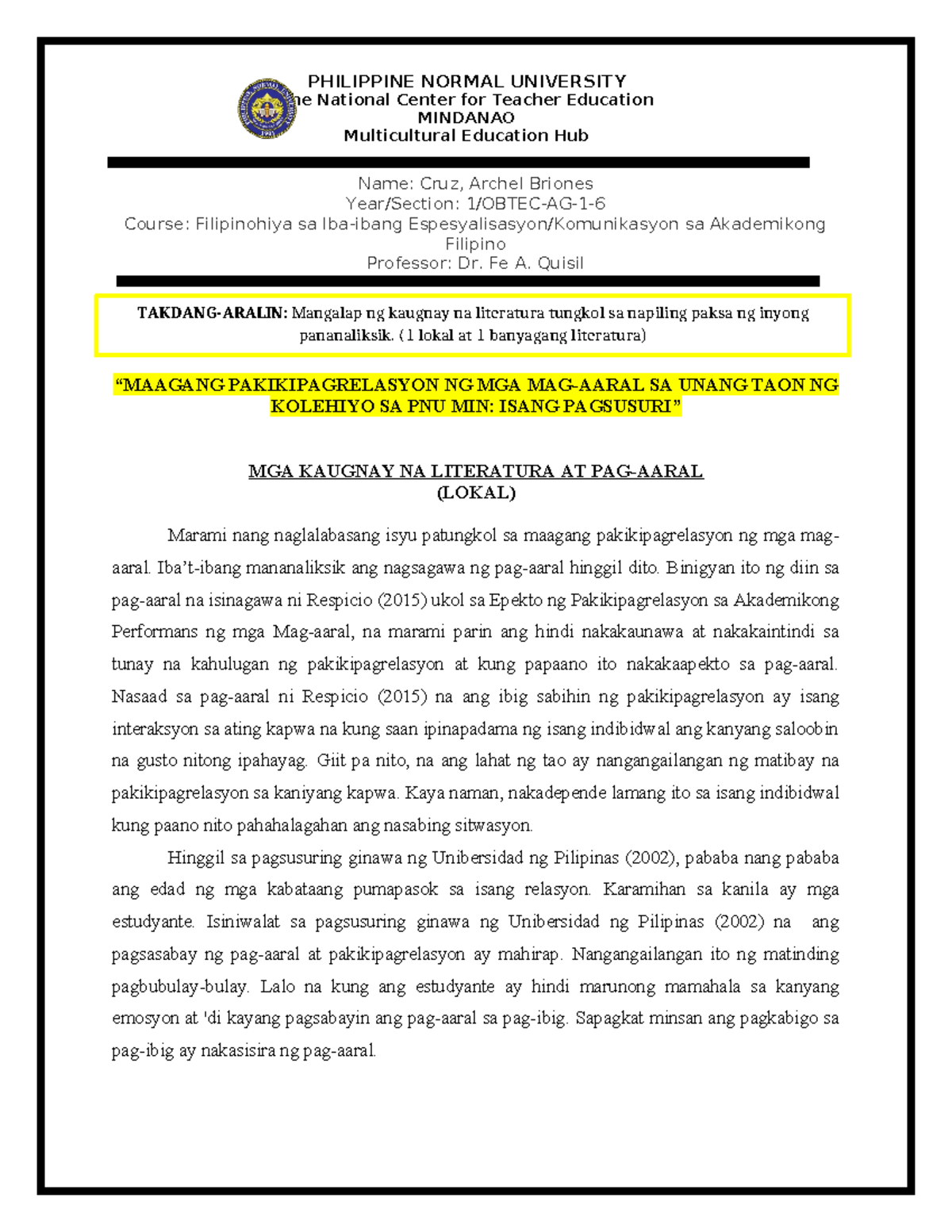CRUZ- Local AND Foreign RRL - PHILIPPINE NORMAL UNIVERSITY The National ...
