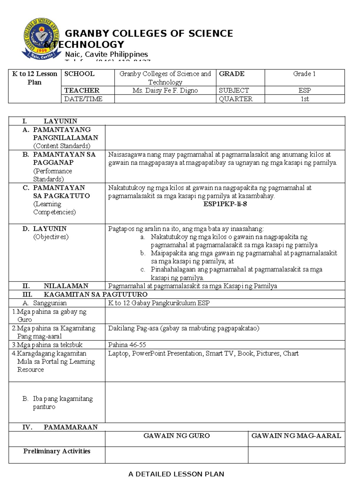 Detailed Lesson PLAN IN ESP 1 - Granby Colleges of Science and GRADE ...