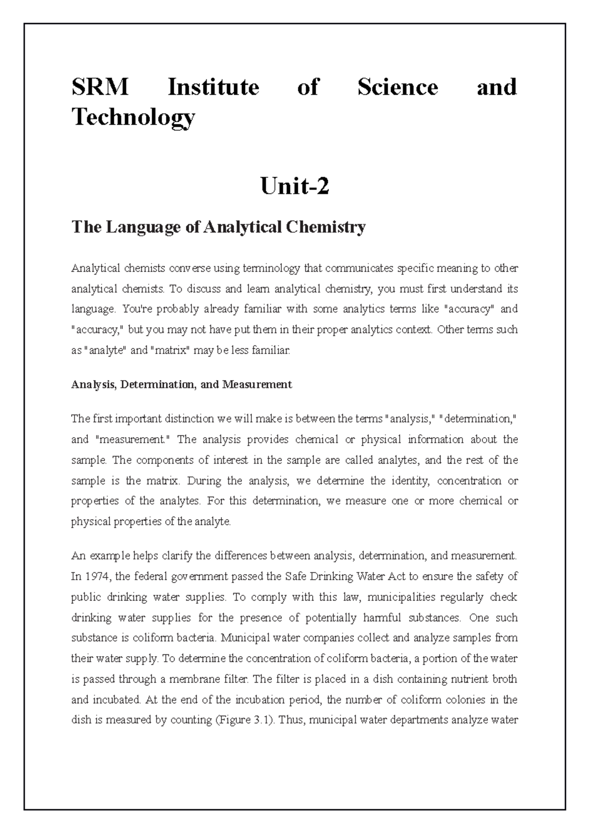 The Language of Analytical Chemistry - SRM Institute of Science and Technology Unit- The ...