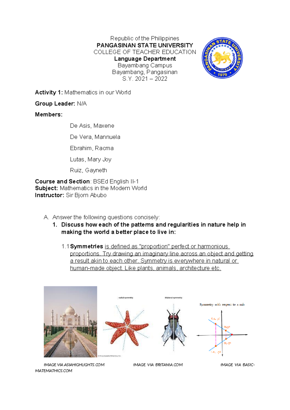 Activity-1 Mathematics-in-our-World Group 2 - Republic of the Philippines PANGASINAN STATE - Studocu