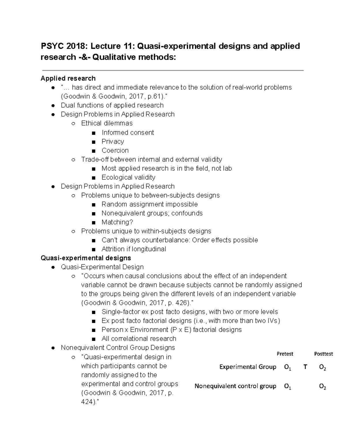 PSYC 2018 Lecture 11 (Nov 29th) - PSYC 2018: Lecture 11: Quasi-experimental designs and applied ...