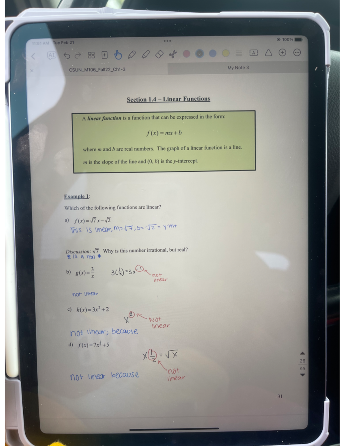1.4 linear functions - 11:51 AM Tue Feb 21 O AI A My Note 3 Section 1 ...