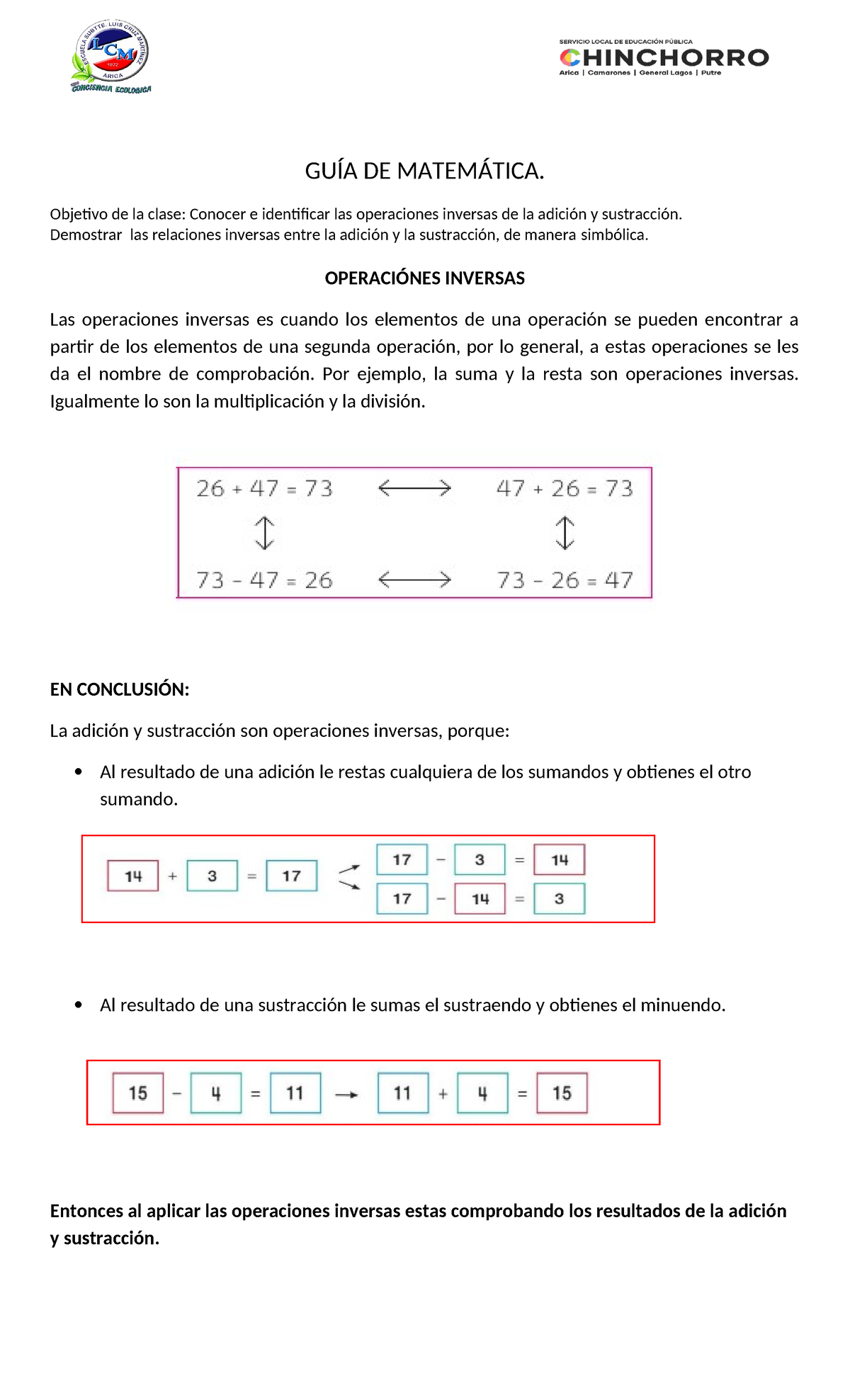 GUÍA DE Matemática Operaciones Inversas - GUÍA DE MATEMÁTICA. Objetivo ...