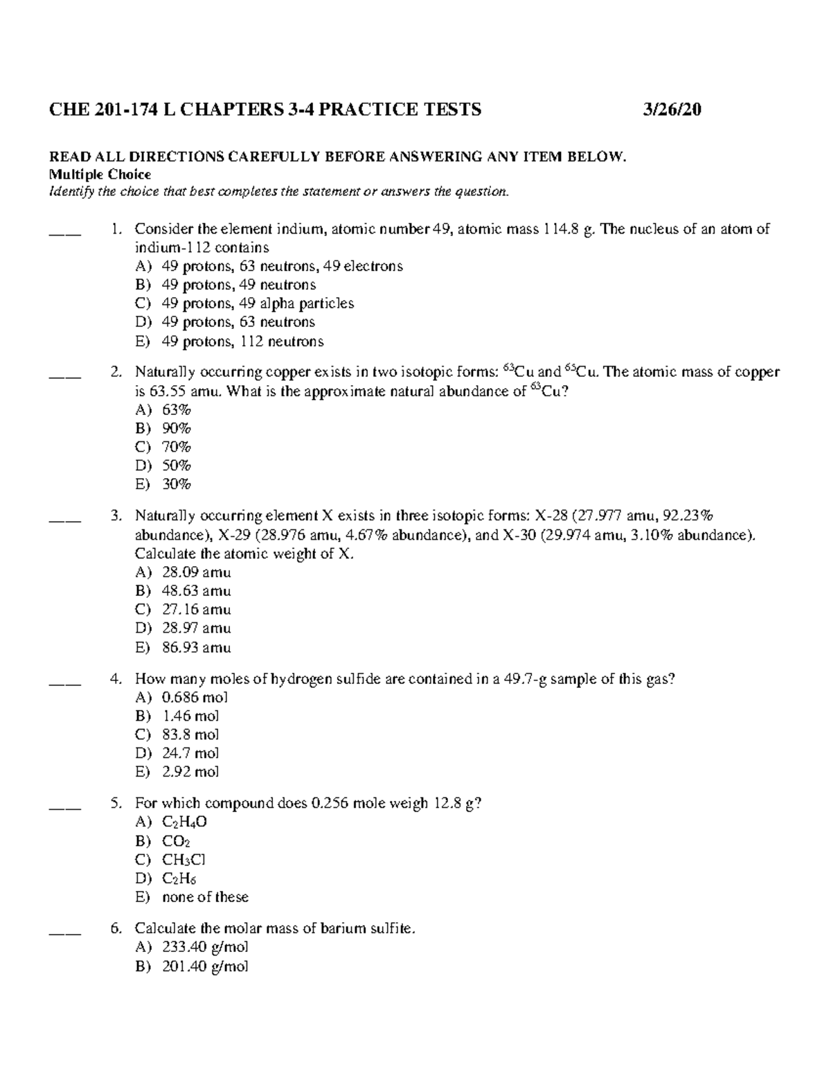 CHE201-174 L Chapters 3-4 Practice TEST - CHE 201-174 L CHAPTERS 3-4 ...