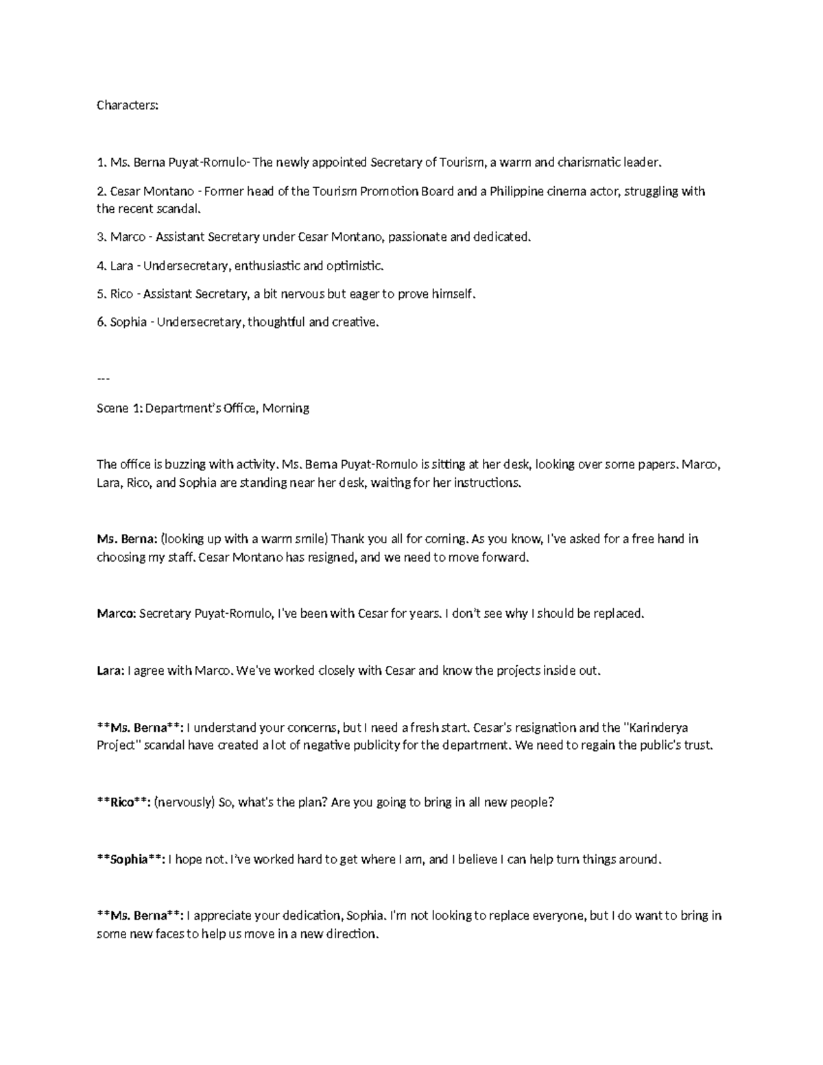 Ethics role play - Script for Cesar Montano role play - Characters: Ms ...