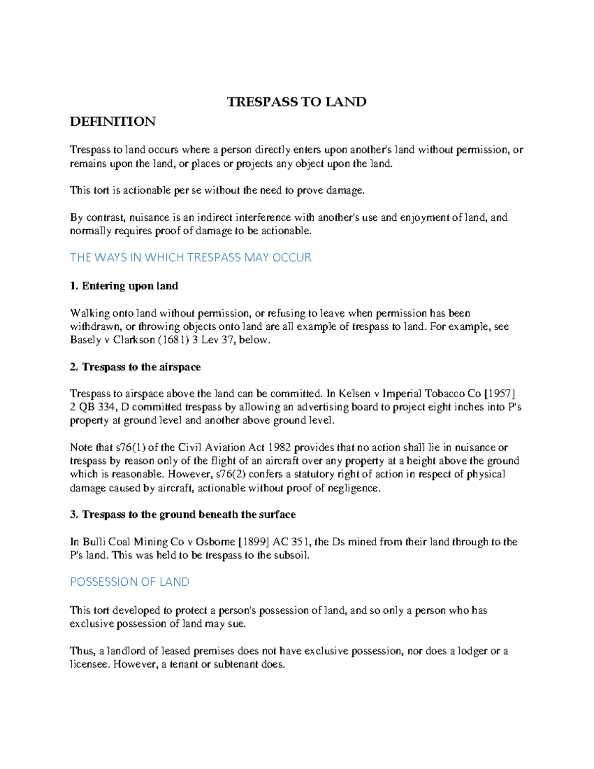 Trespass TO LAND summary - TRESPASS TO LAND DEFINITION Trespass to land ...