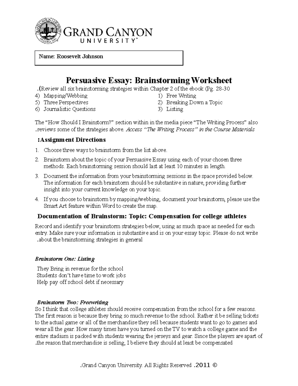 PHI105 T2 Brainstorming Worksheet 2023 - Name: Roosevelt Johnson ...