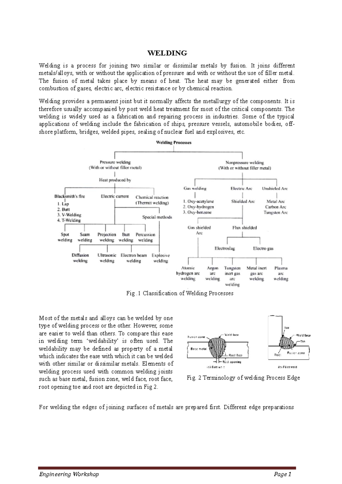 Unit 5 - Welding - Engineering Workshop Page 1 WELDING Welding is a ...