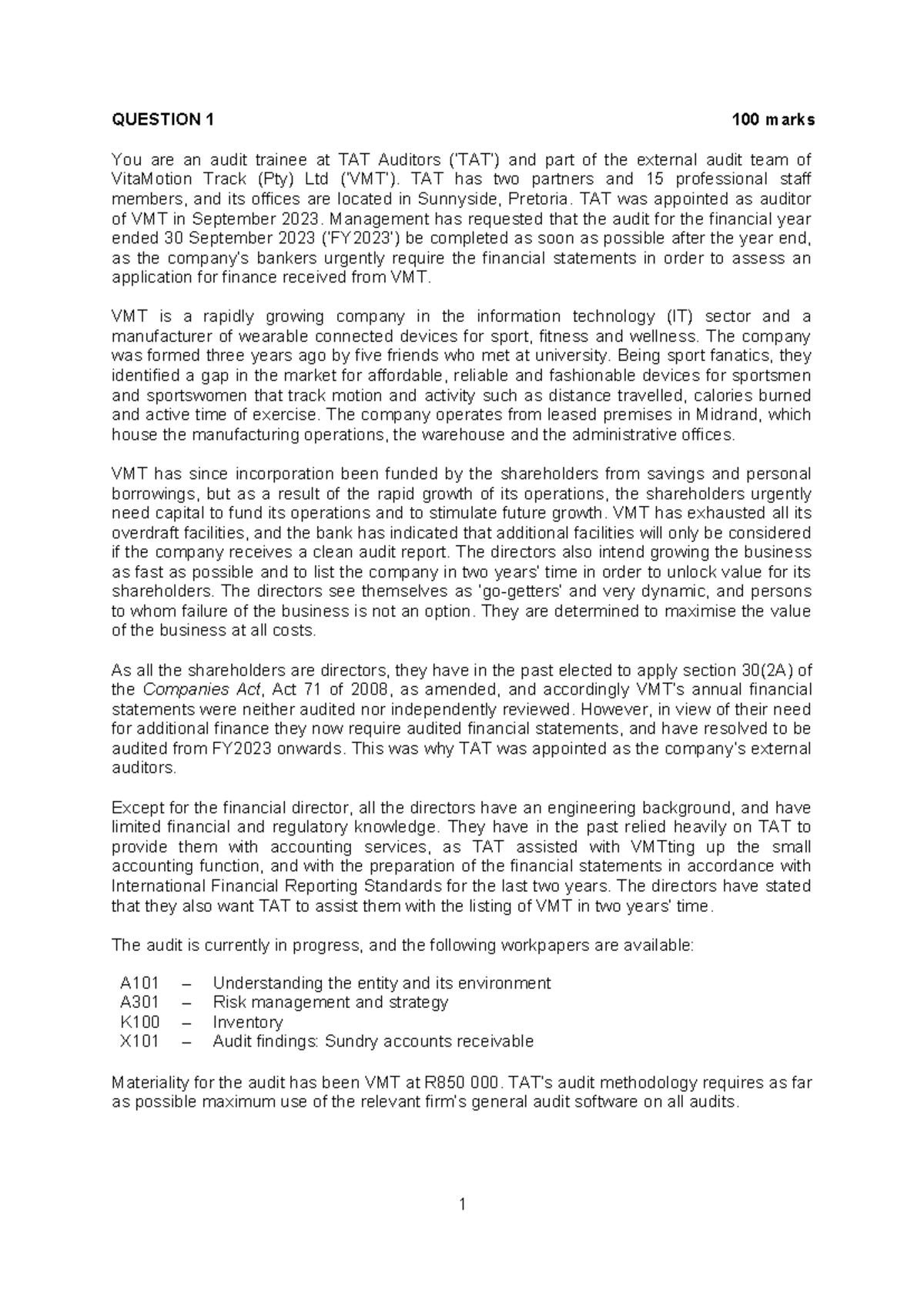 CTA risk management tutorial - QUESTION 1 100 marks You are an audit trainee at TAT Auditors ...