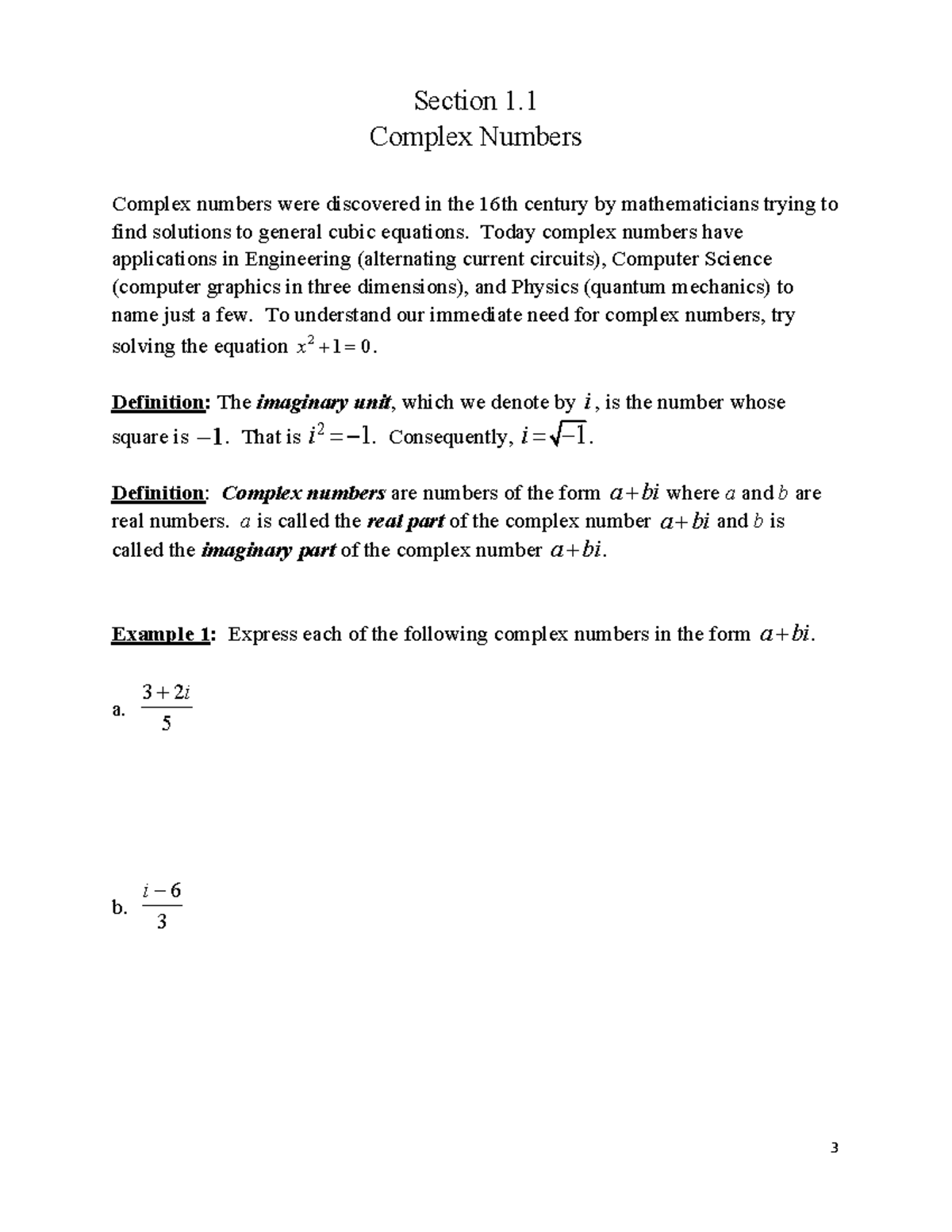 Section 1 Maths Classwork Section 1 Complex Numbers Complex