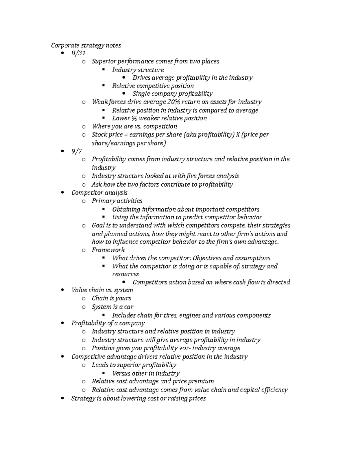 Corporate strategy notes - competition o Stock price = earnings per ...