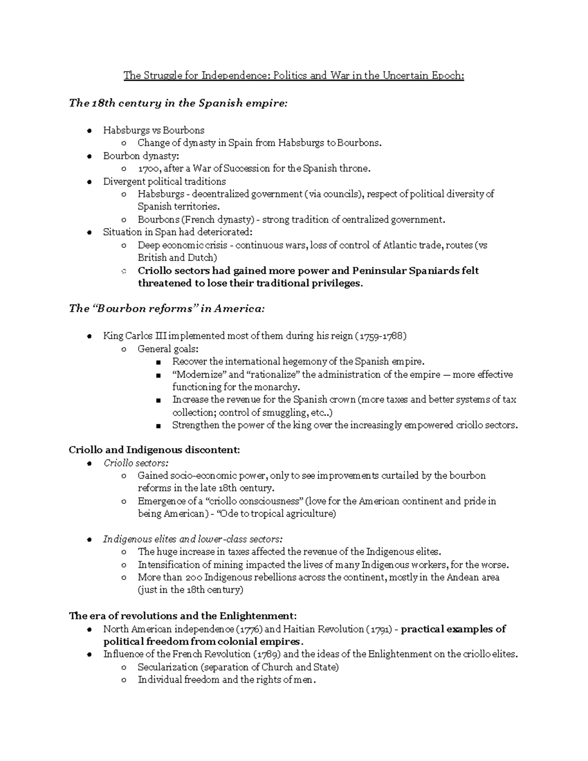 Unit 4 - Lecture and reading notes - The Struggle for Independence ...
