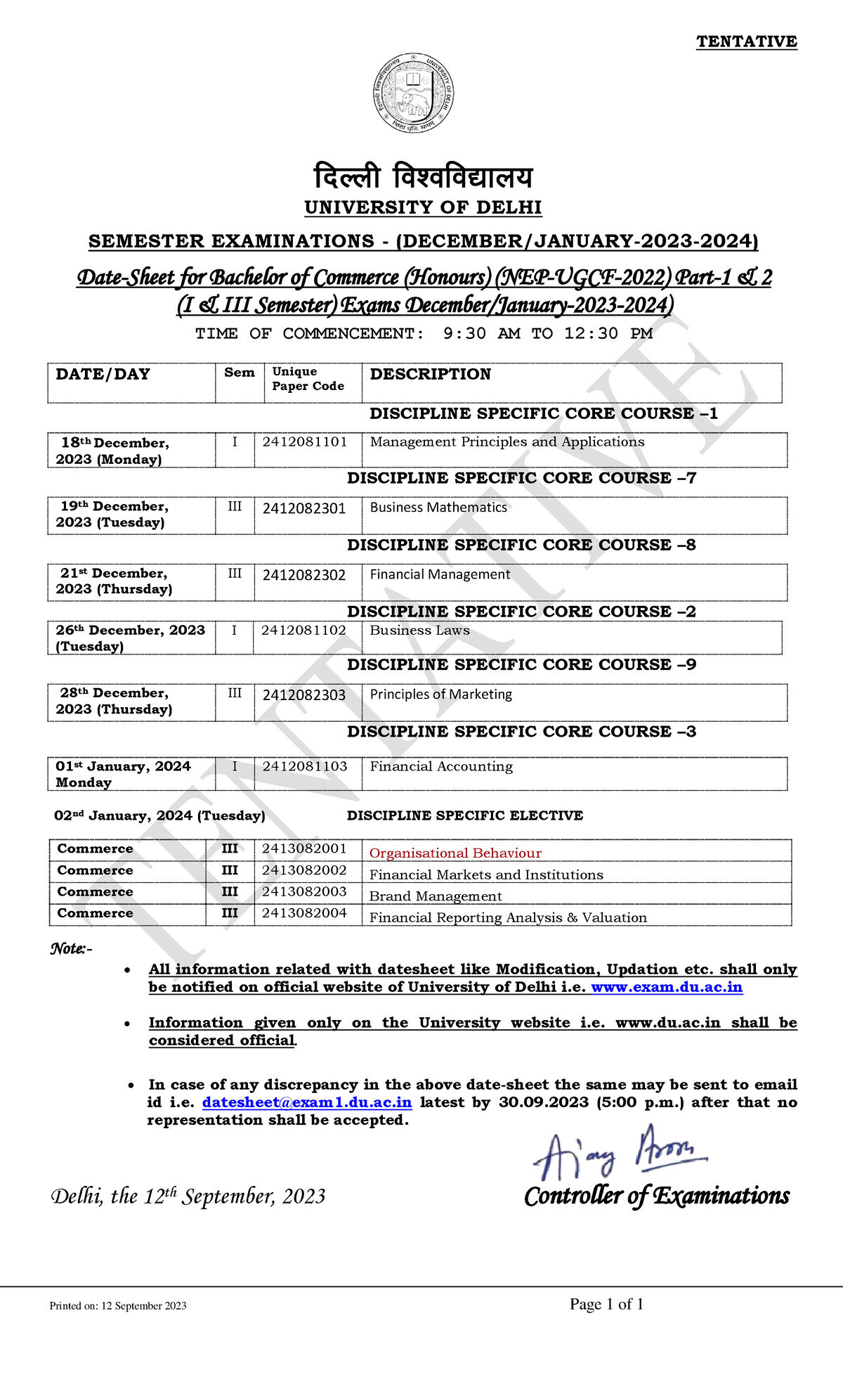 2023-09-12-BCOM H-23-Sem - Printed on: 12 September 2023 Page 1 of 1 TENTATIVE fnYyh fo’ofo|ky ...