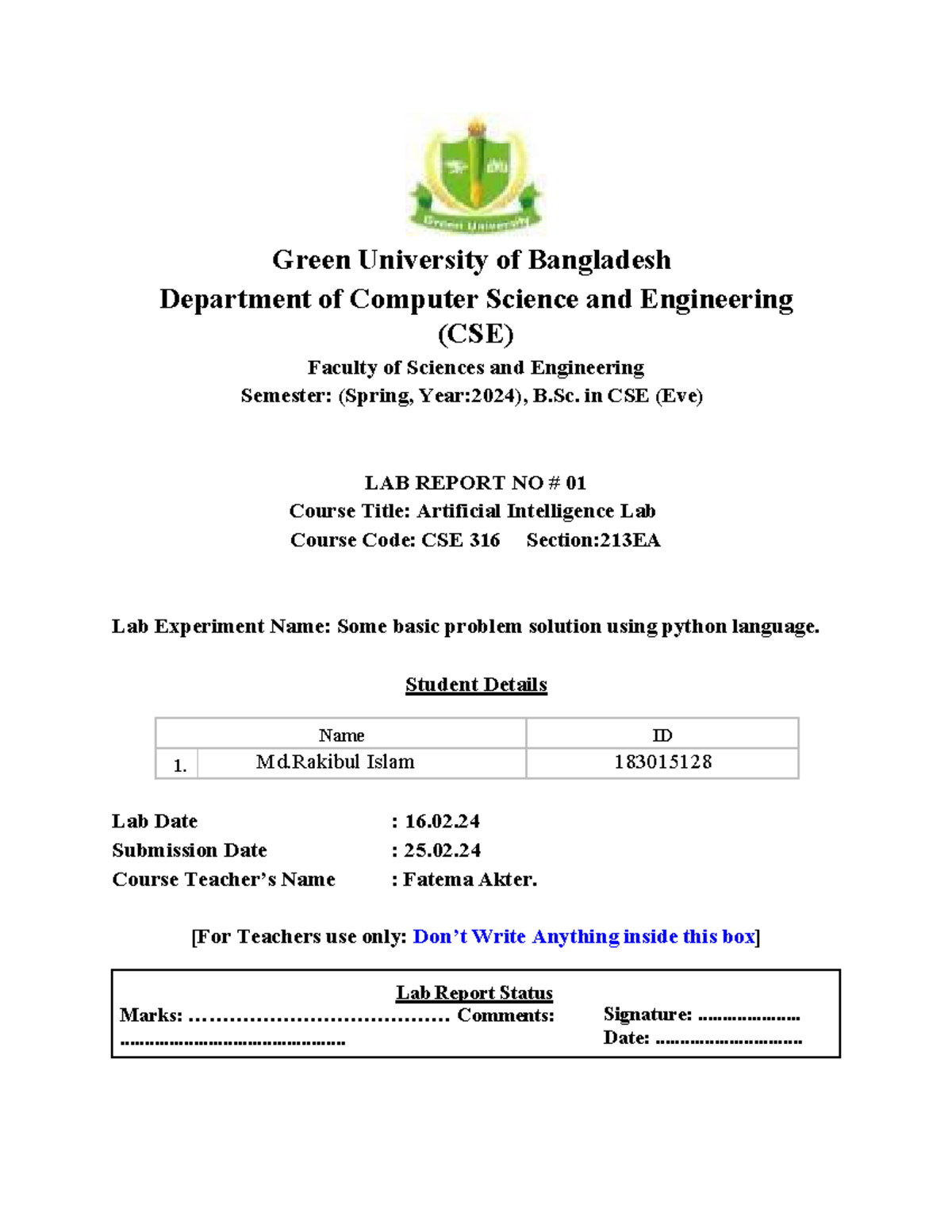 ai lab report 1 - Green University of Bangladesh Department of Computer ...